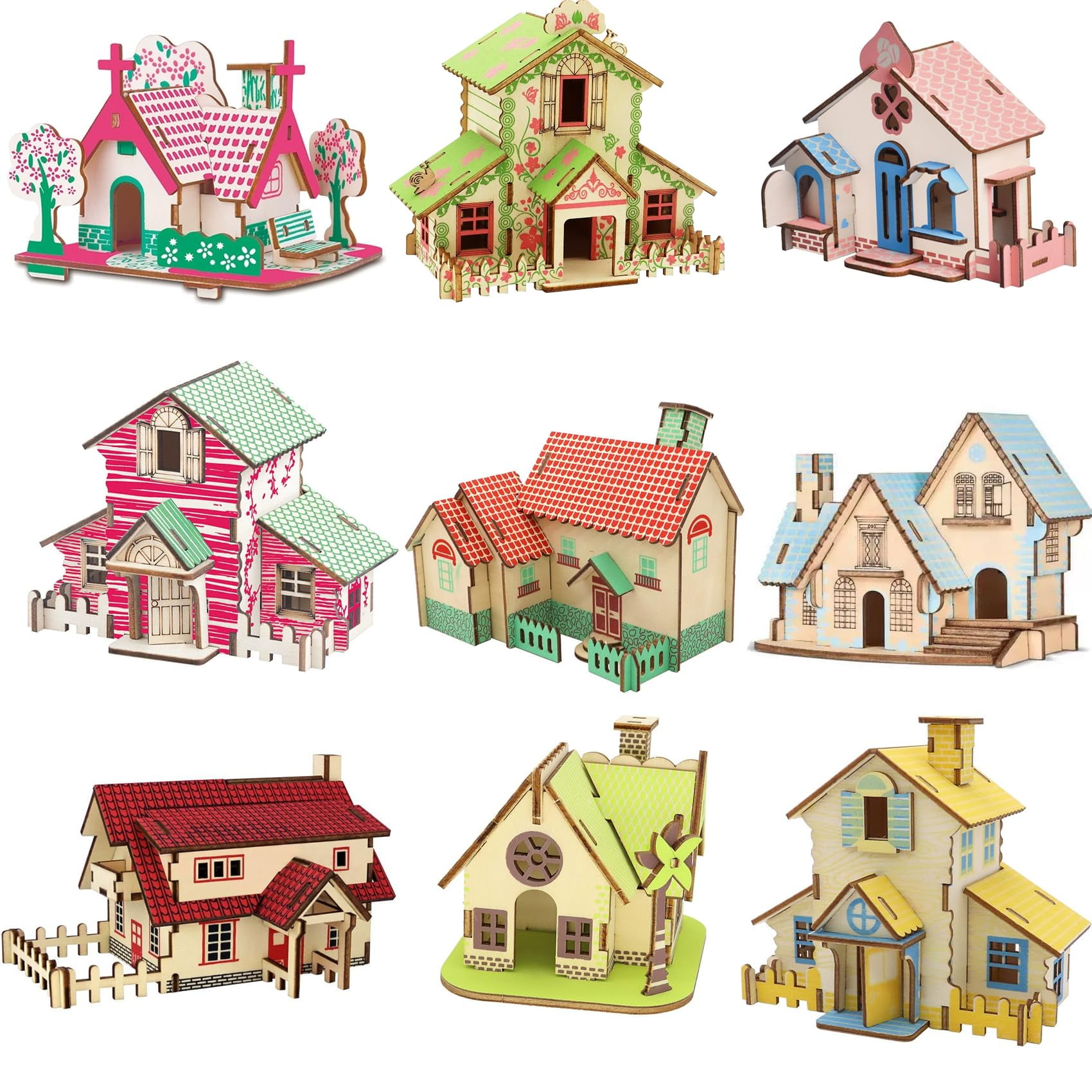 wuhaoyue 9 Piece Set 3D Wooden Puzzle for Adults 3D Wooden House Brain Teaser Puzzle DIY ...
