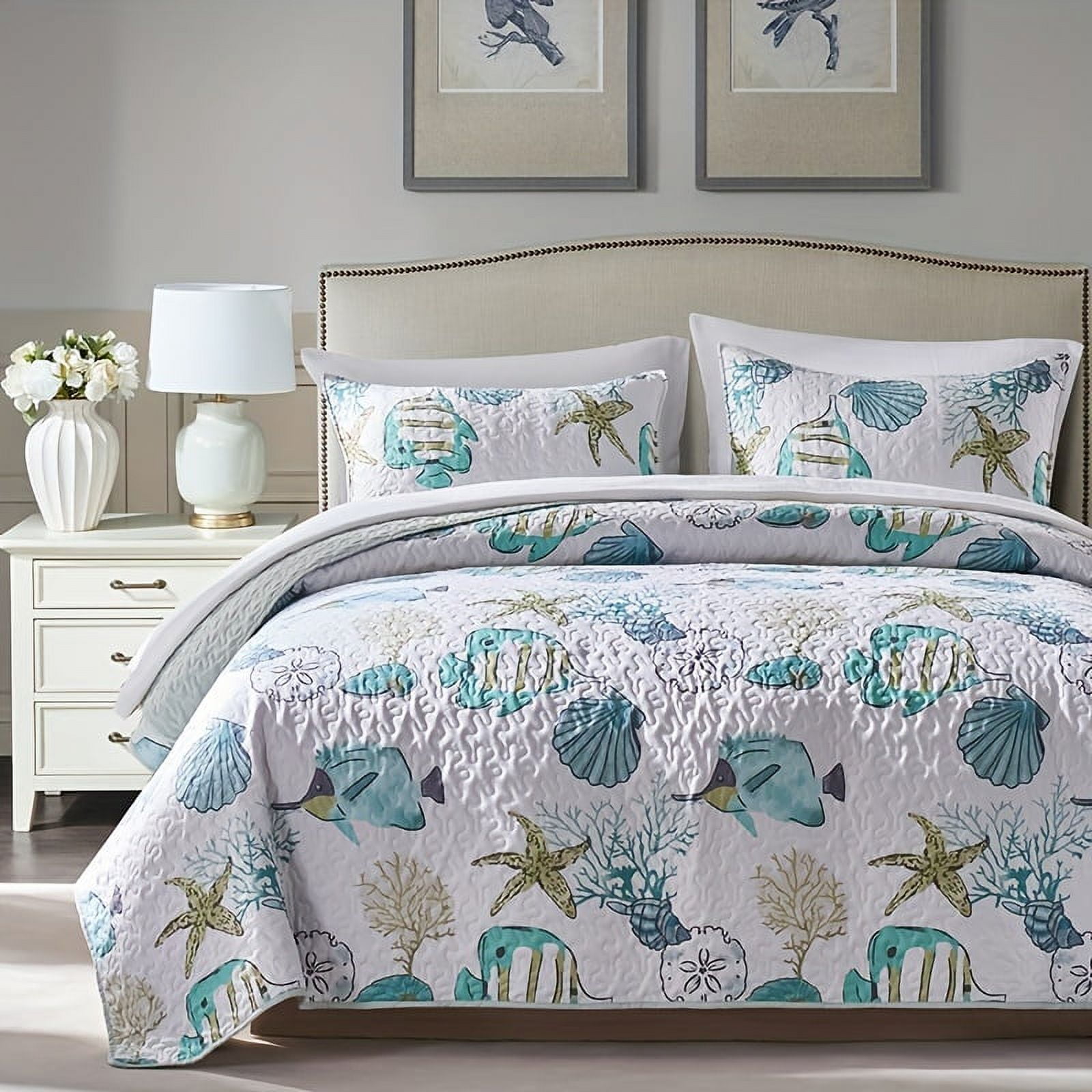 wwbo 3 Piece Coastal Comforter Set - Lightweight Polyester Beach Quilt ...