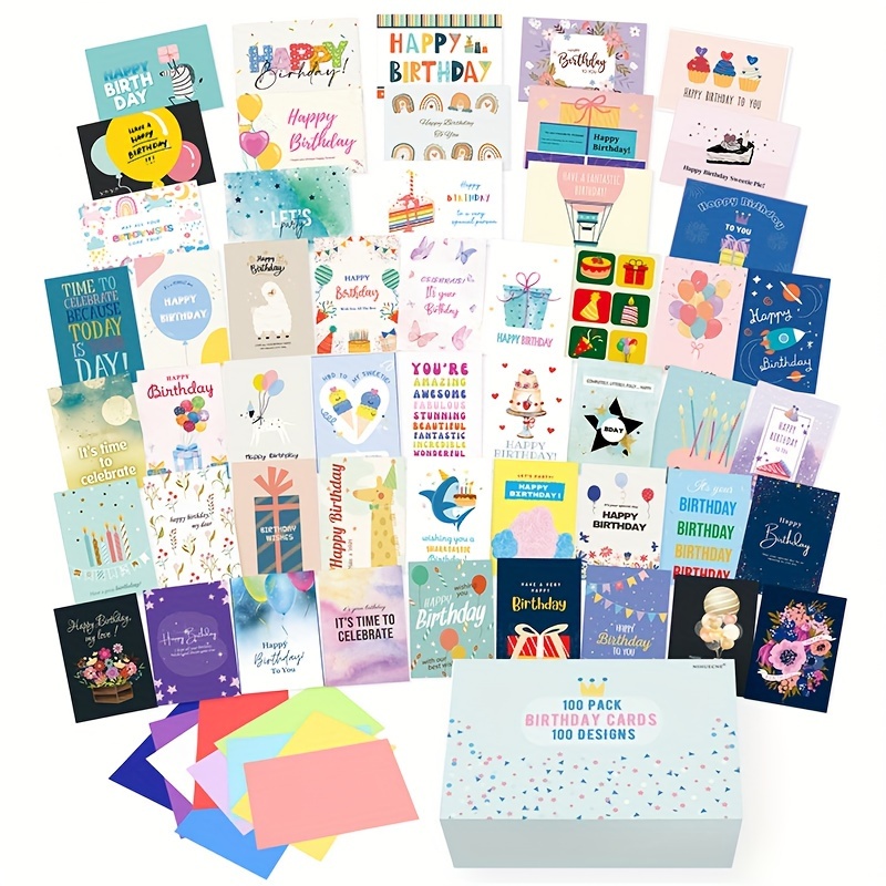 wwbo Happy Birthday Greeting Cards Bulk Set - 100 Assorted Designs with ...