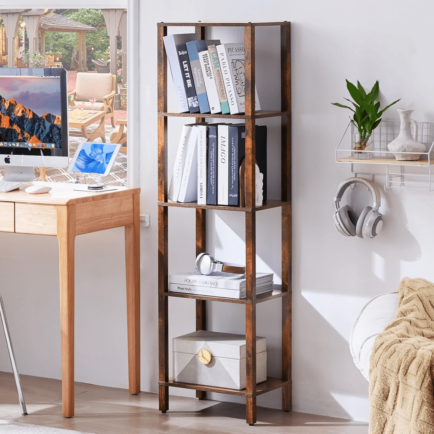 wxysydf 4 Tier Tall Wooden Bookshelf with Storage - Small Bookcase for ...