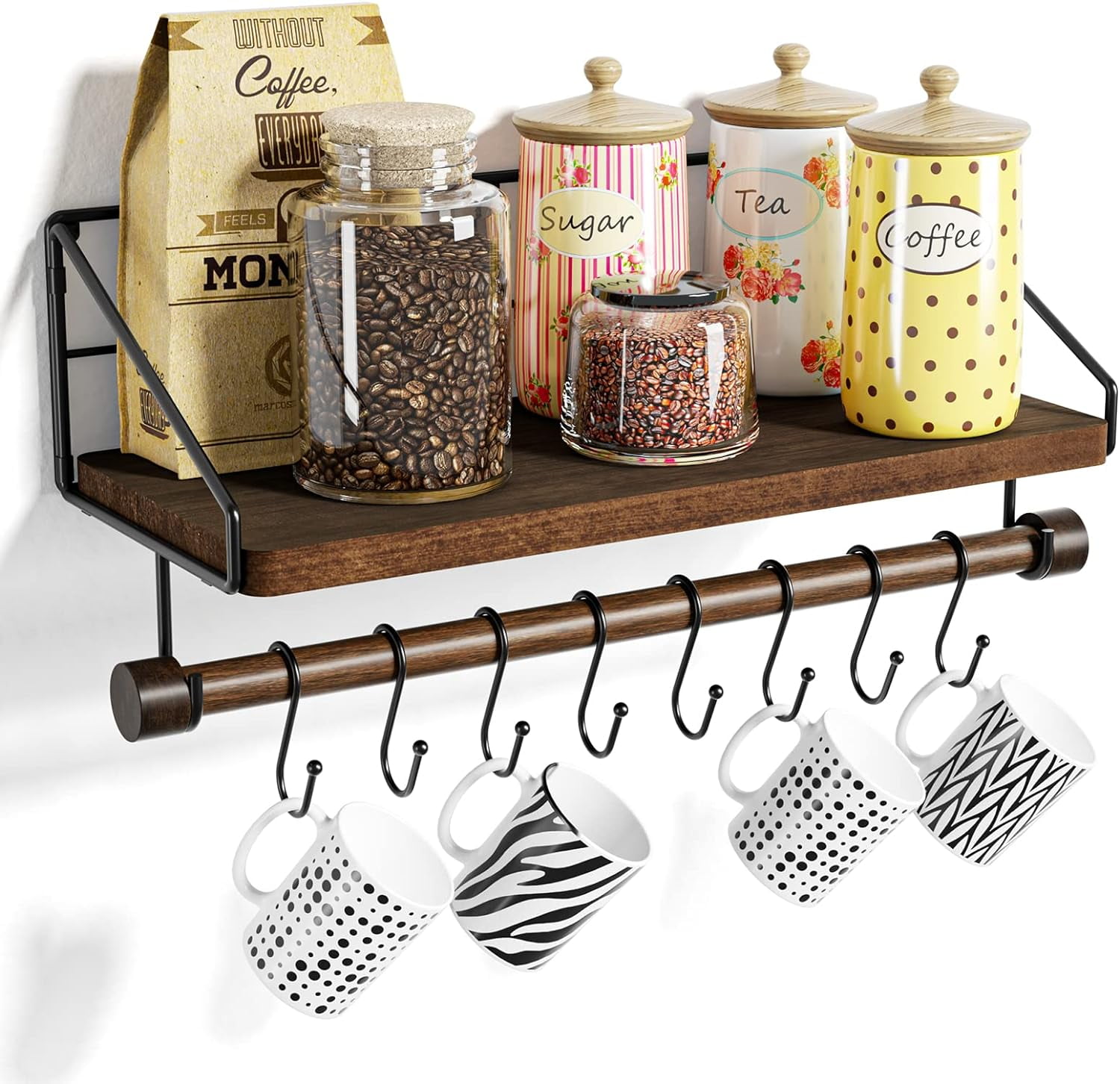 wxysydf Floating Shelf Wall-Mounted Coffee Bar Shelf with Hooks and ...
