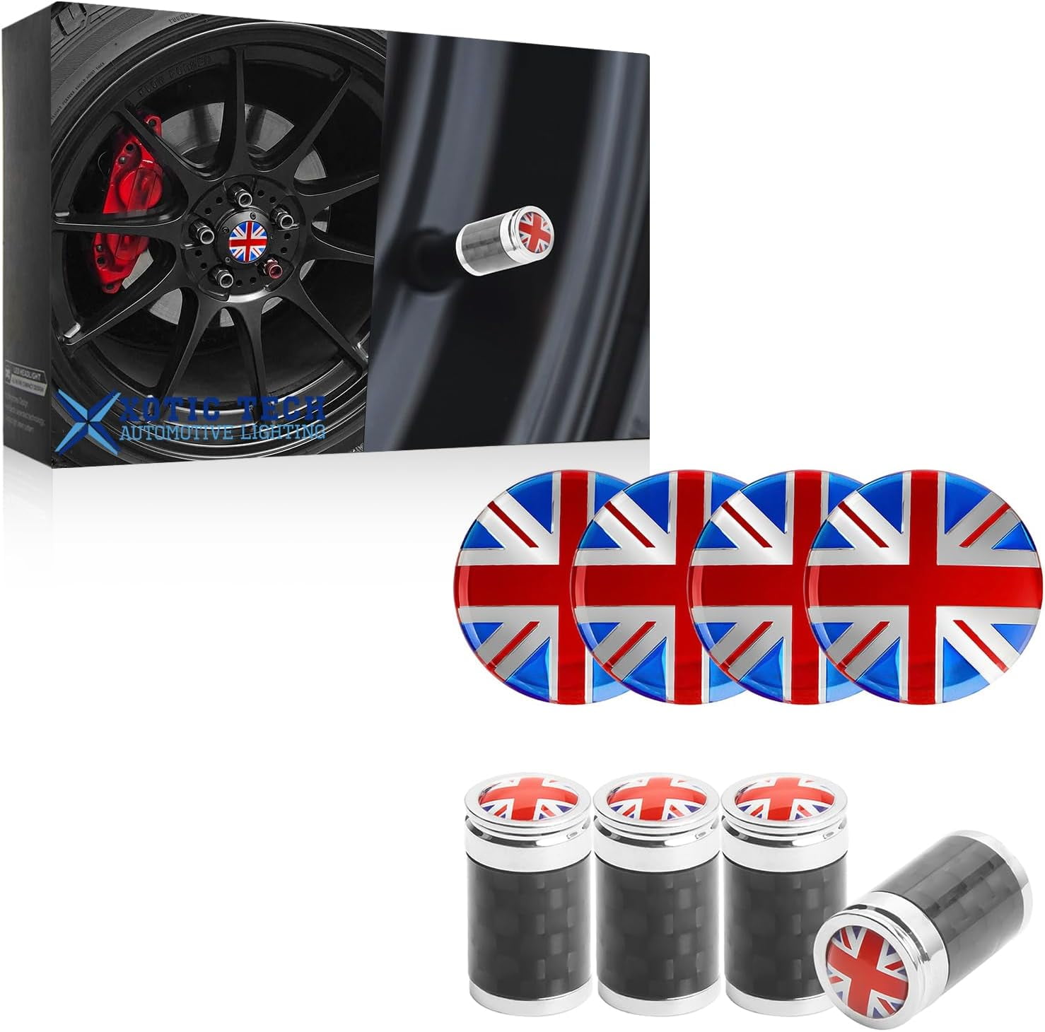 x xotic tech Red Blue Union Jack Wheel Center Cap Covers w/Carbon Fiber ...