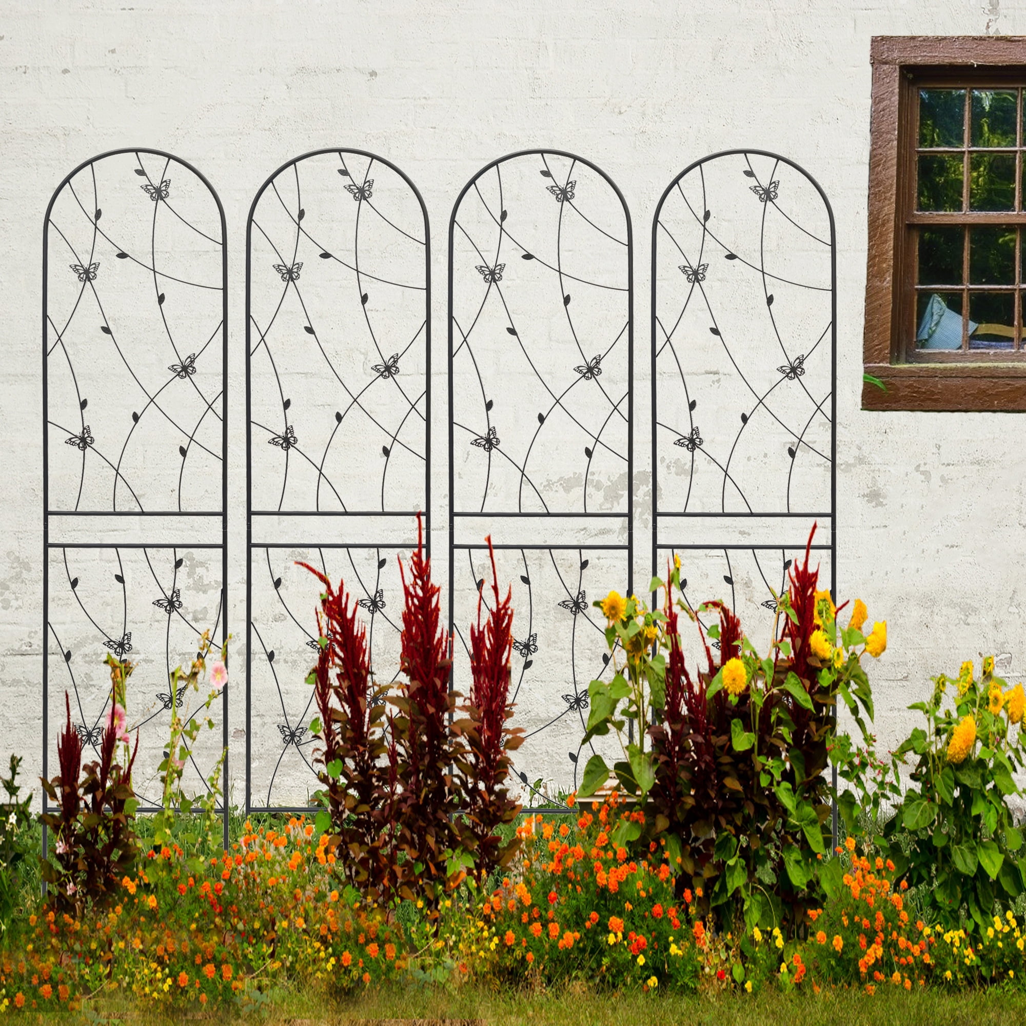 xCloud 4 Pack 86.7"x19.7" Black Metal Garden Trellis with Butterfly ...