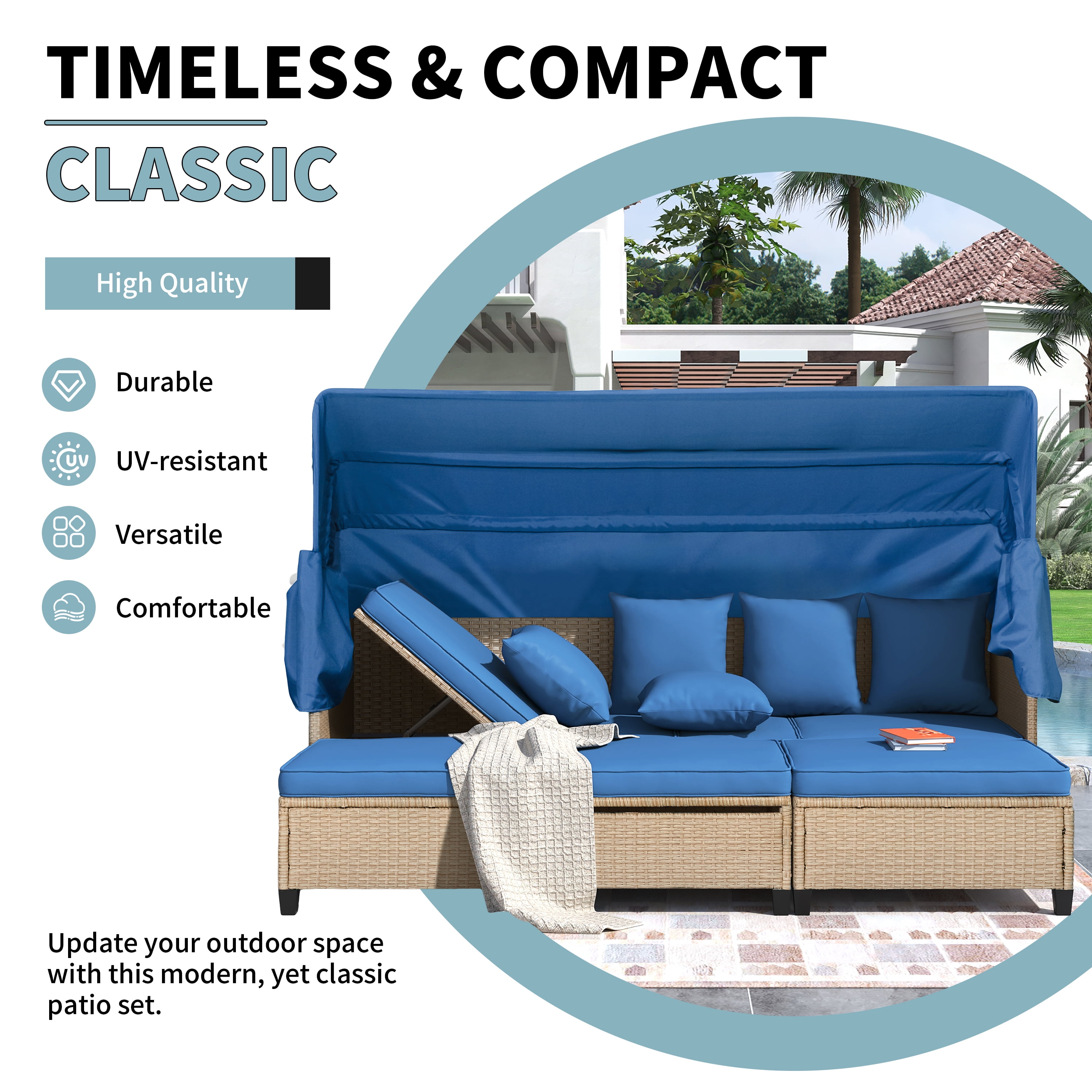 xCloud 4-Piece Blue Resin Wicker Patio Sofa Set with Retractable Canopy ...