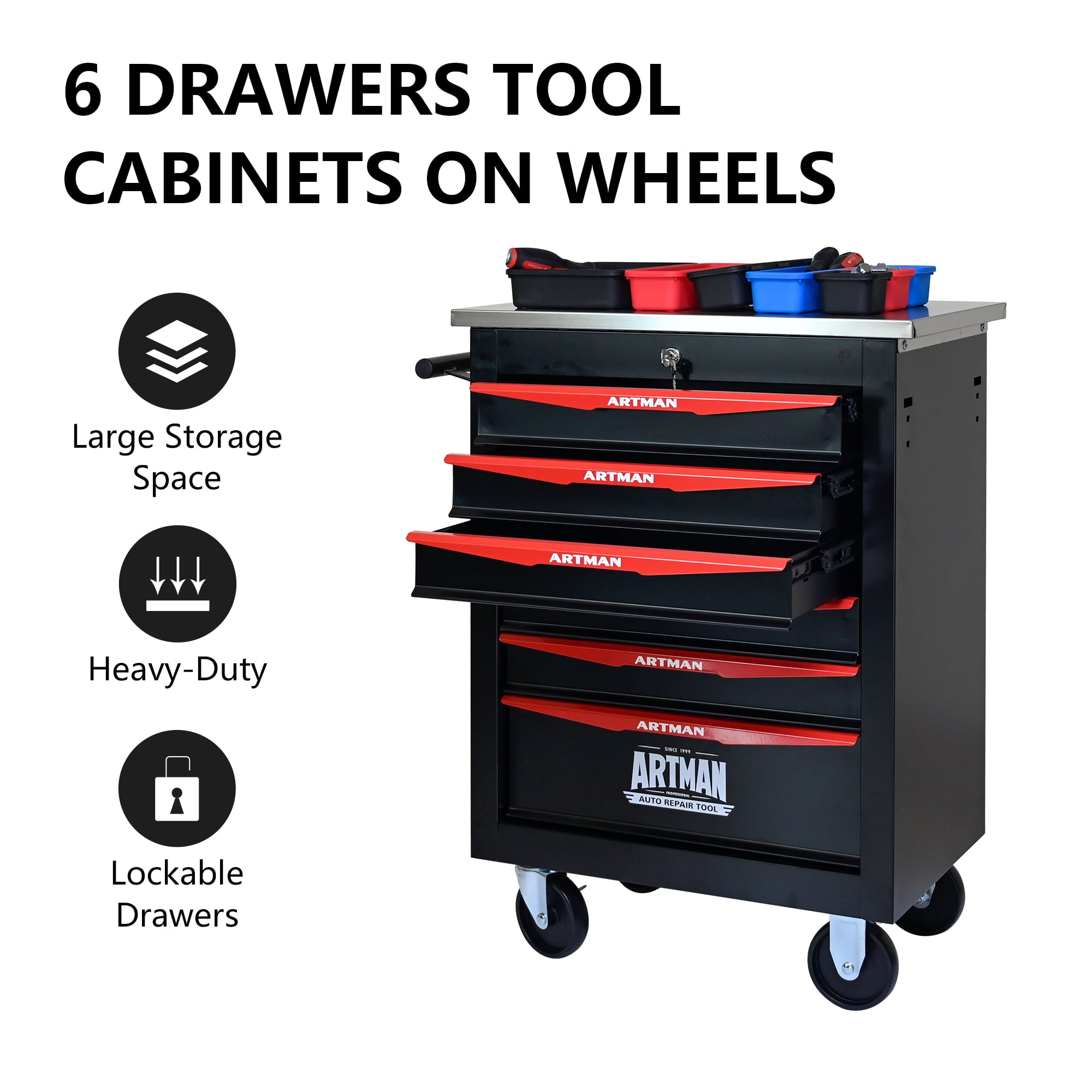 xCloud 6 Drawers Multifunctional Tool Cart with Wheels,Metal Rolling Tool Cart Storage for ...