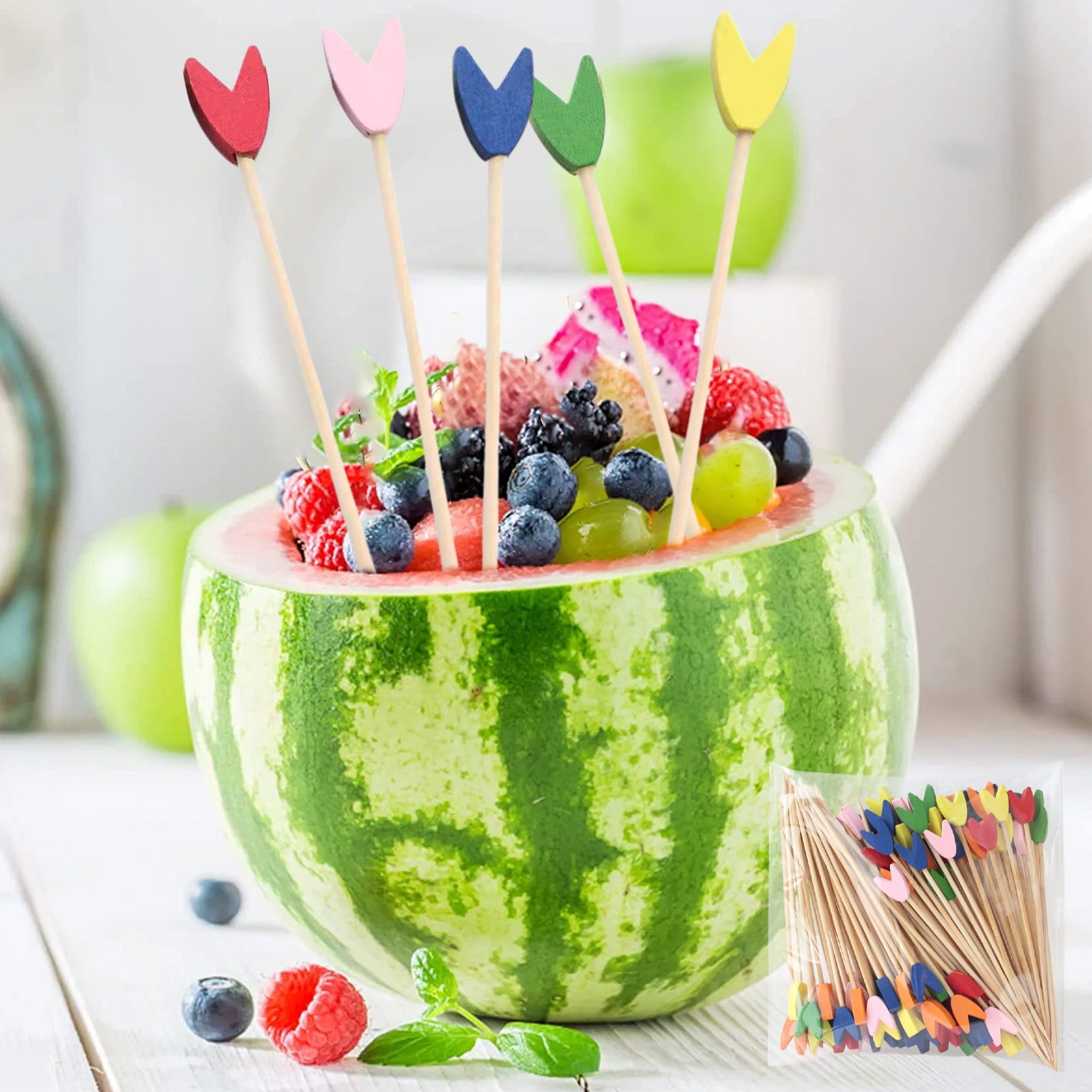 xaoyunyn Cute Fruit Picks with Beads 100 PCS Timber Skewers for Parties ...