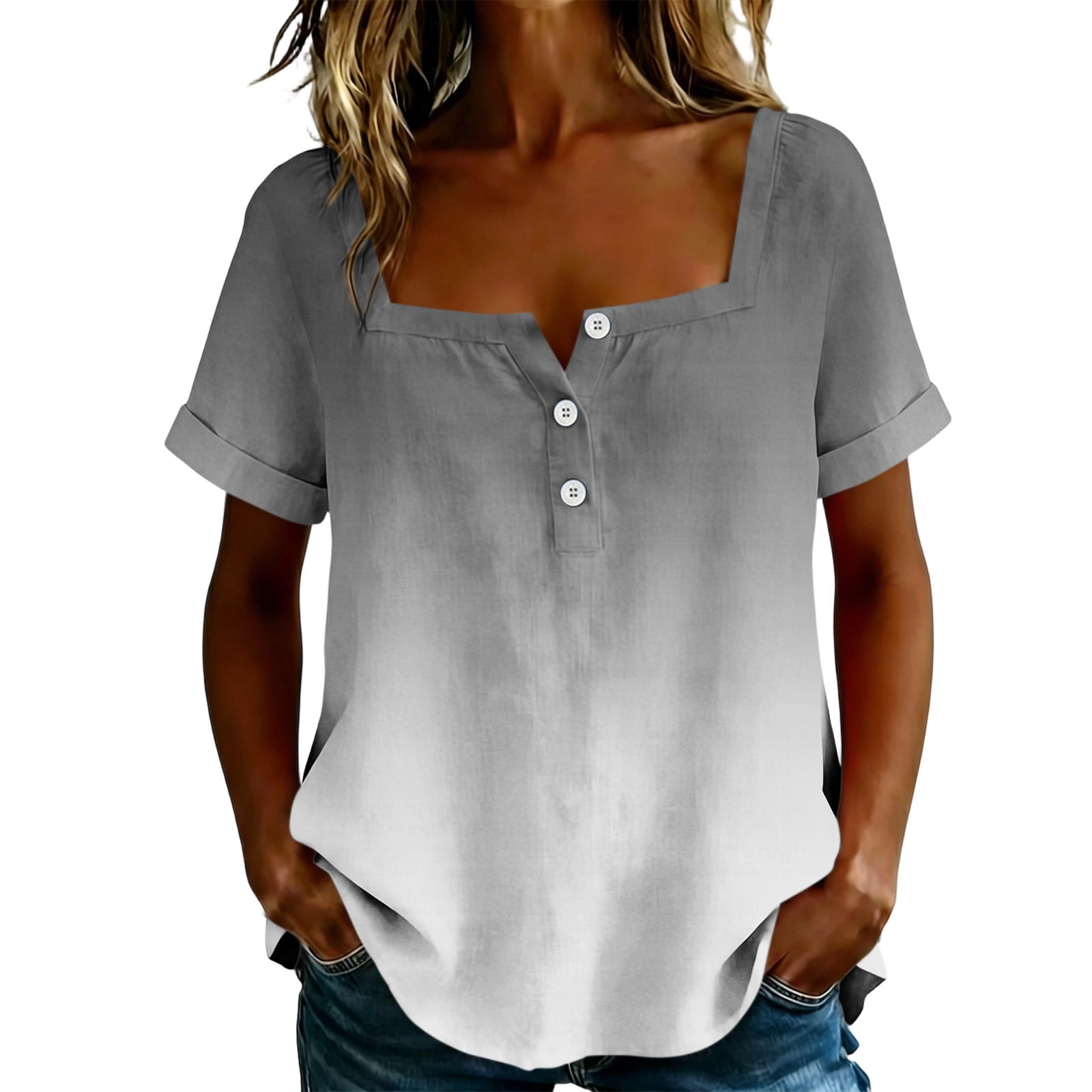 xaoyunyn Striped Button Front Shirts for Women Square Neck Short Sleeve ...