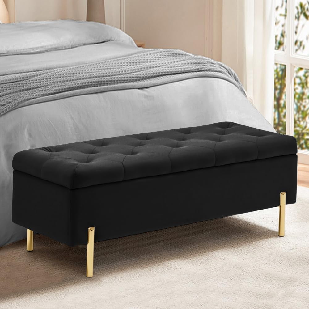 xbkzsi 45.6 Inch Velvet Storage Bench Upholstered Tufted Settee Ottoman ...