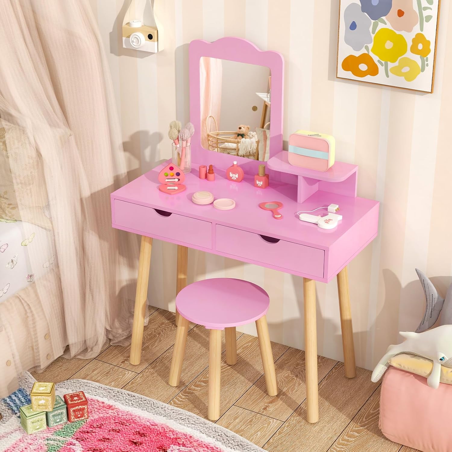 xbkzsi Vanity with Mirror and Stool Princess Makeup Vanity Dressing ...