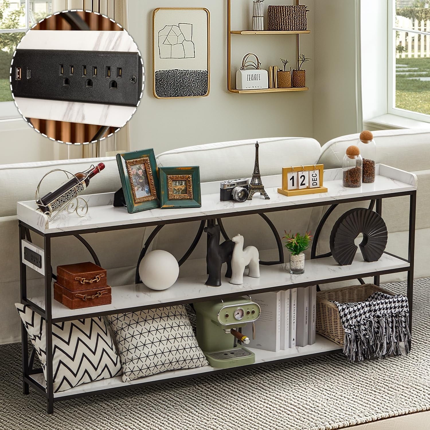 xhza 70.9'' Sofa Tables 3-Tier Console with USB Charging Ports ...