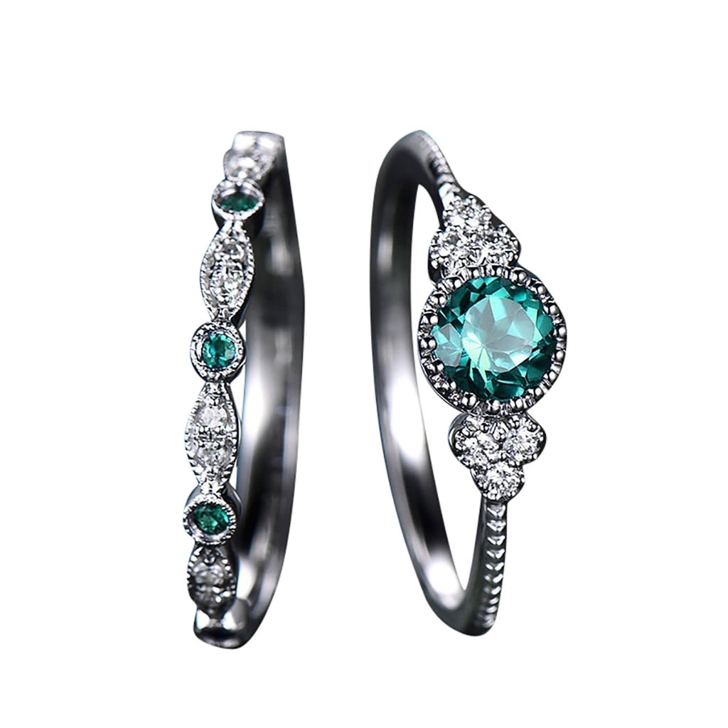 xiangDd 2pcs Sparkling Natural Gemstone Ring Set Women Emerald Sapphire ...