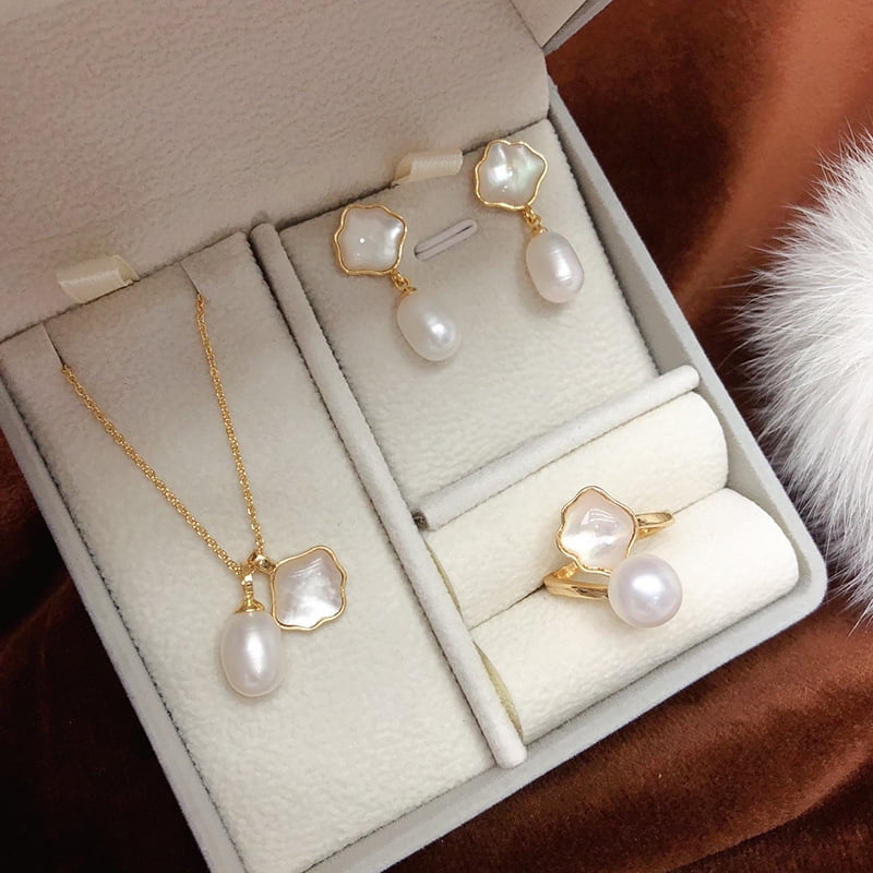 xiaobros 2024 new freshwater pearl necklace earrings ring three-piece feminine fashion set sent ...