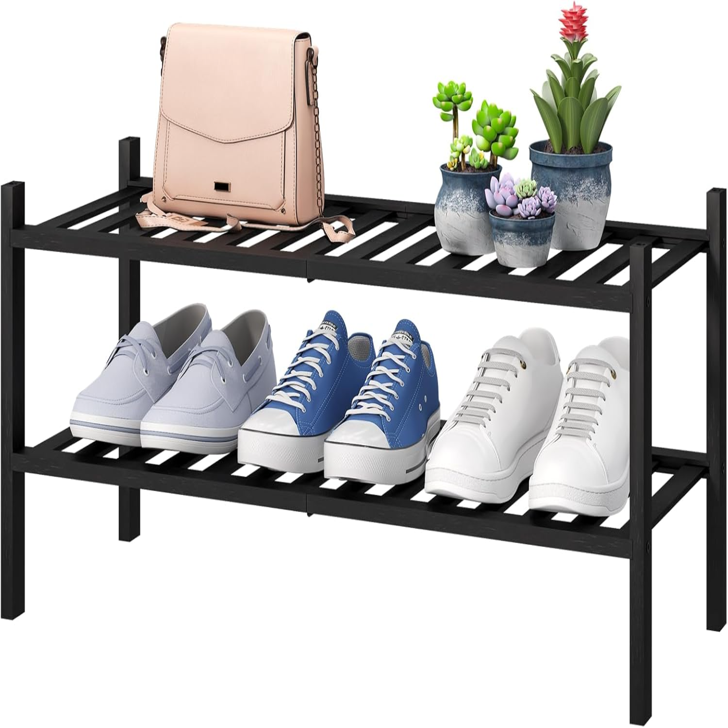 ximoneboom 2-Tier Black Bamboo Shoe Rack for Entryway Stackable ...
