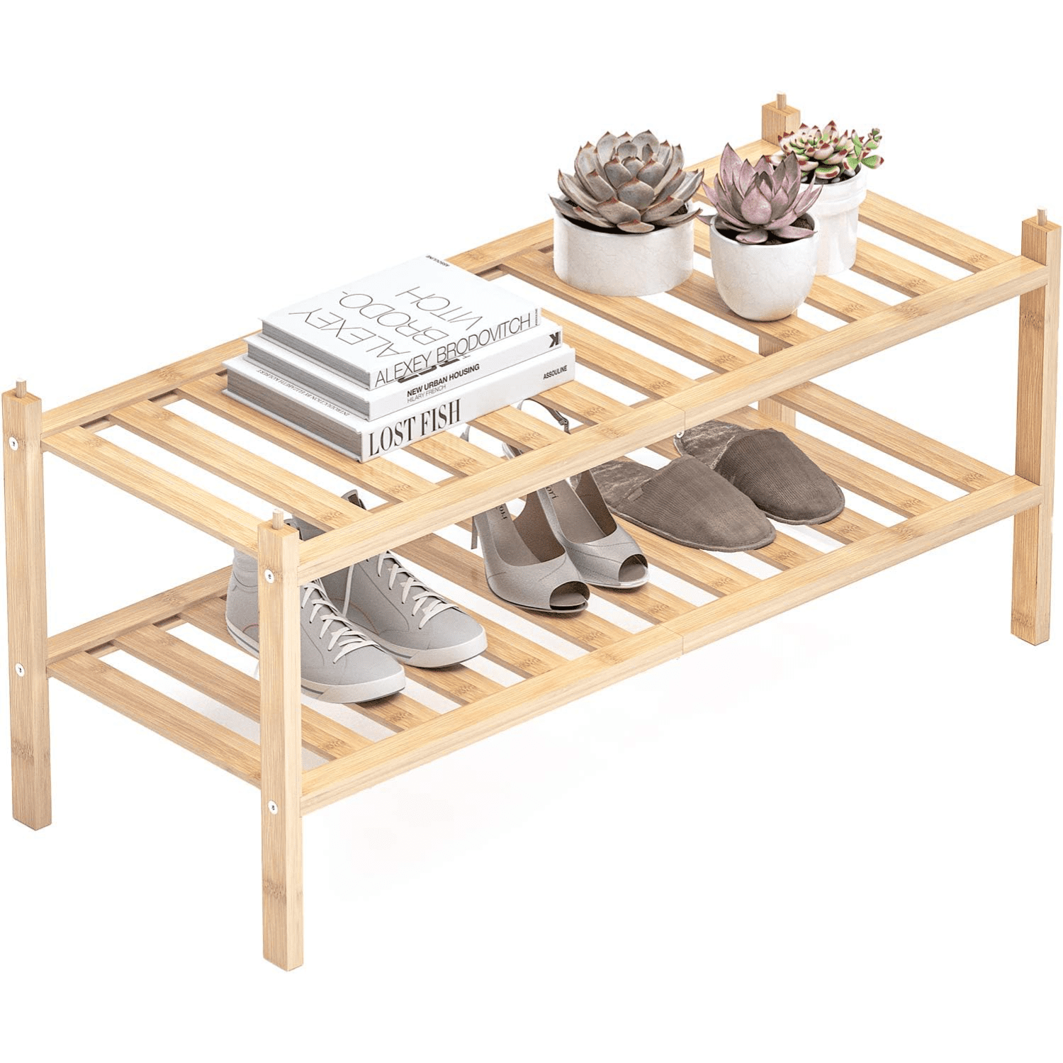 fhxbjoi Shoe Rack 2-Tier Bamboo Stackable Shelf Storage Organizer for ...