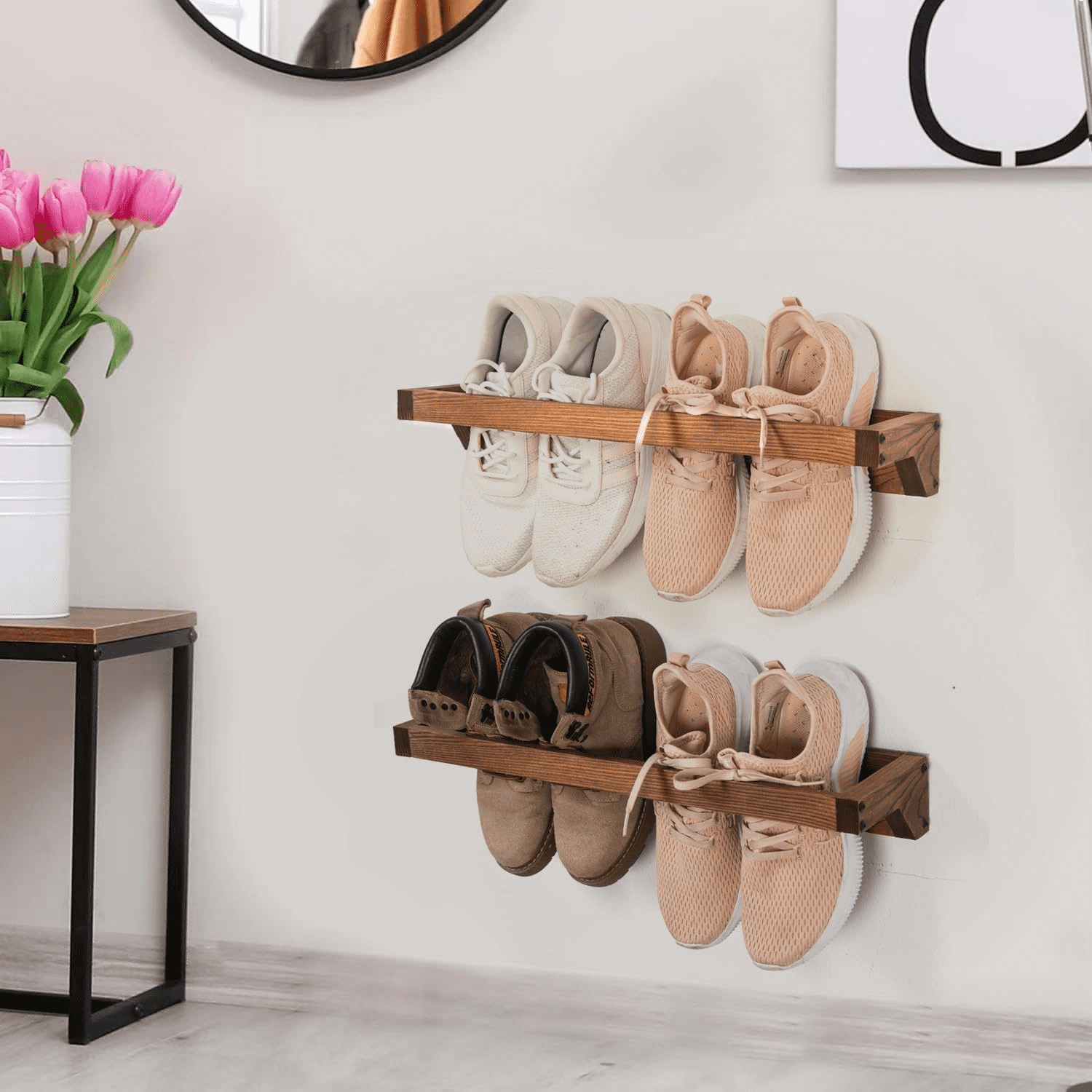 hltvuy Wall Mounted Torched Wood Shoe Rack Organizer Rustic Dark Brown ...