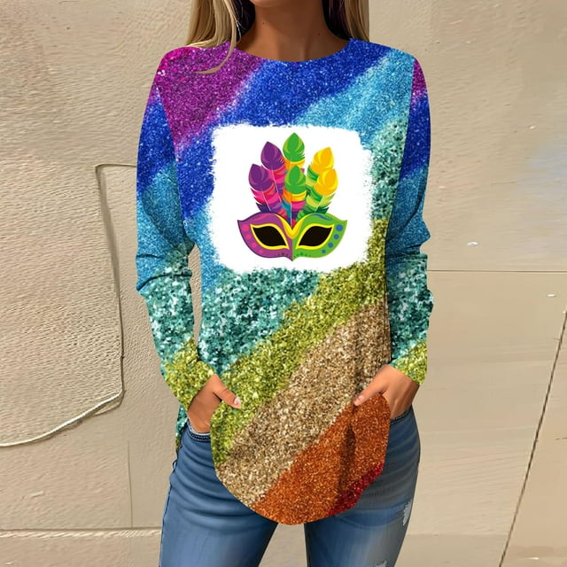 xixinqiwan Mardi Gras T-shirt for Women,Long Sleeve Crewneck Shirts ...