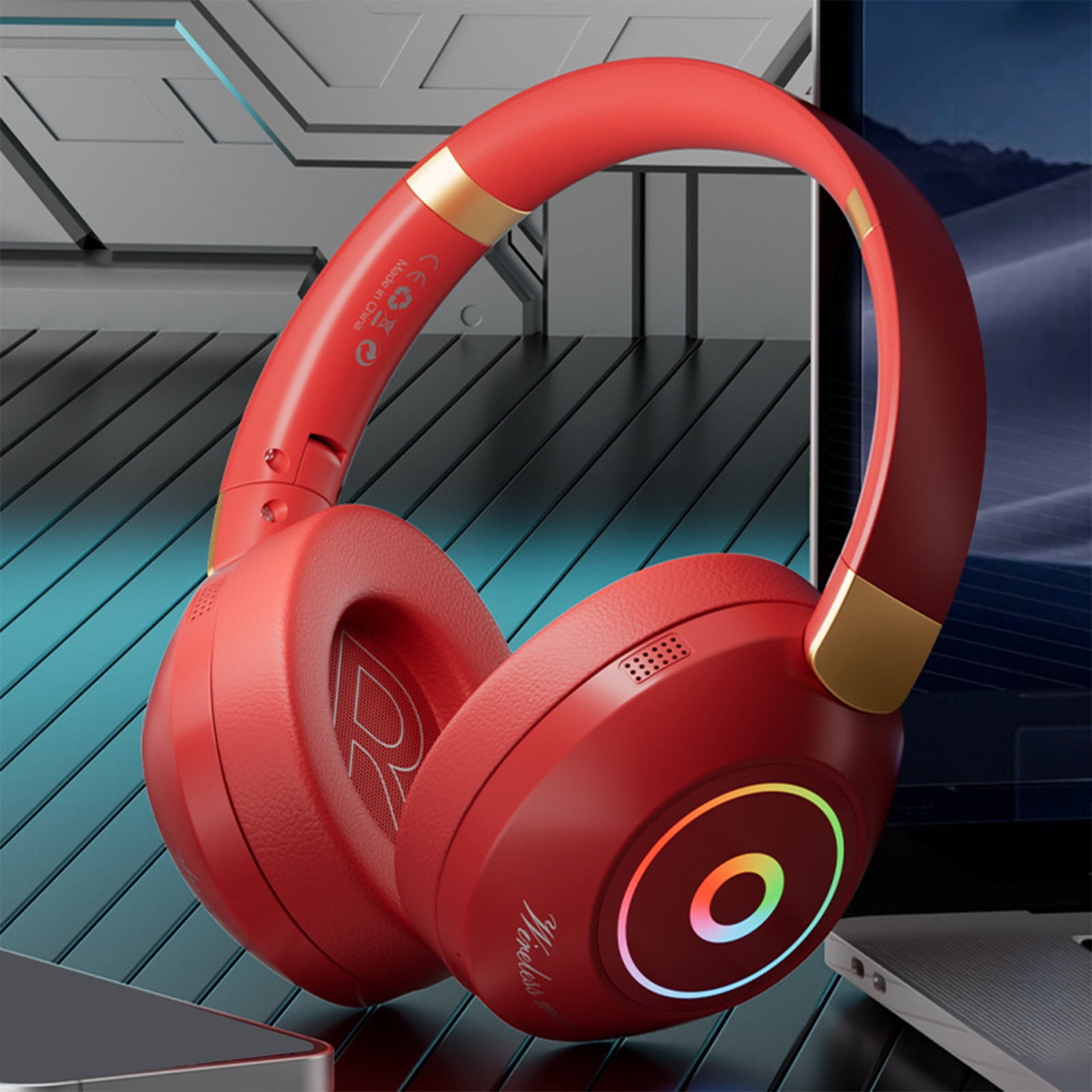 xjwjuw Over-Ear Bluetooth Headset 5.4 with RGB Light, Foldable Sponge Leather Ear Cover, Long ...