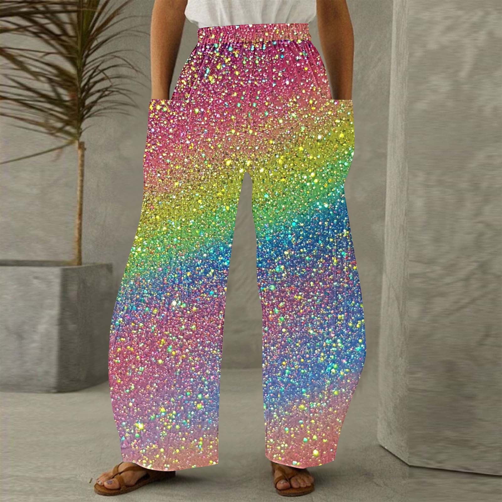 xjwjuw Womens Casual Sparkly Sequin Pants High Waisted Wide Leg Palazzo ...
