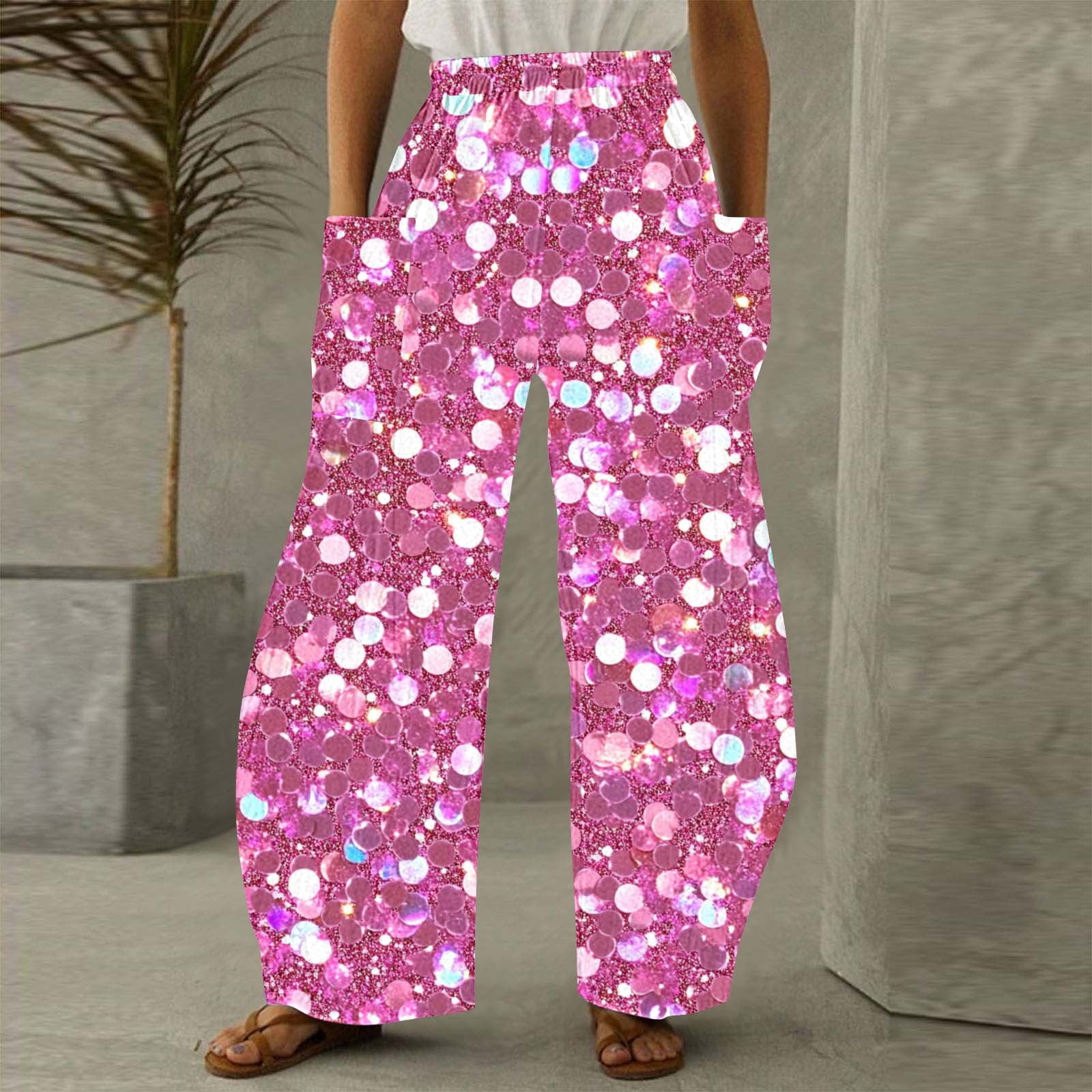 xjwjuw Womens Casual Sparkly Sequin Pants High Waisted Wide Leg Palazzo ...