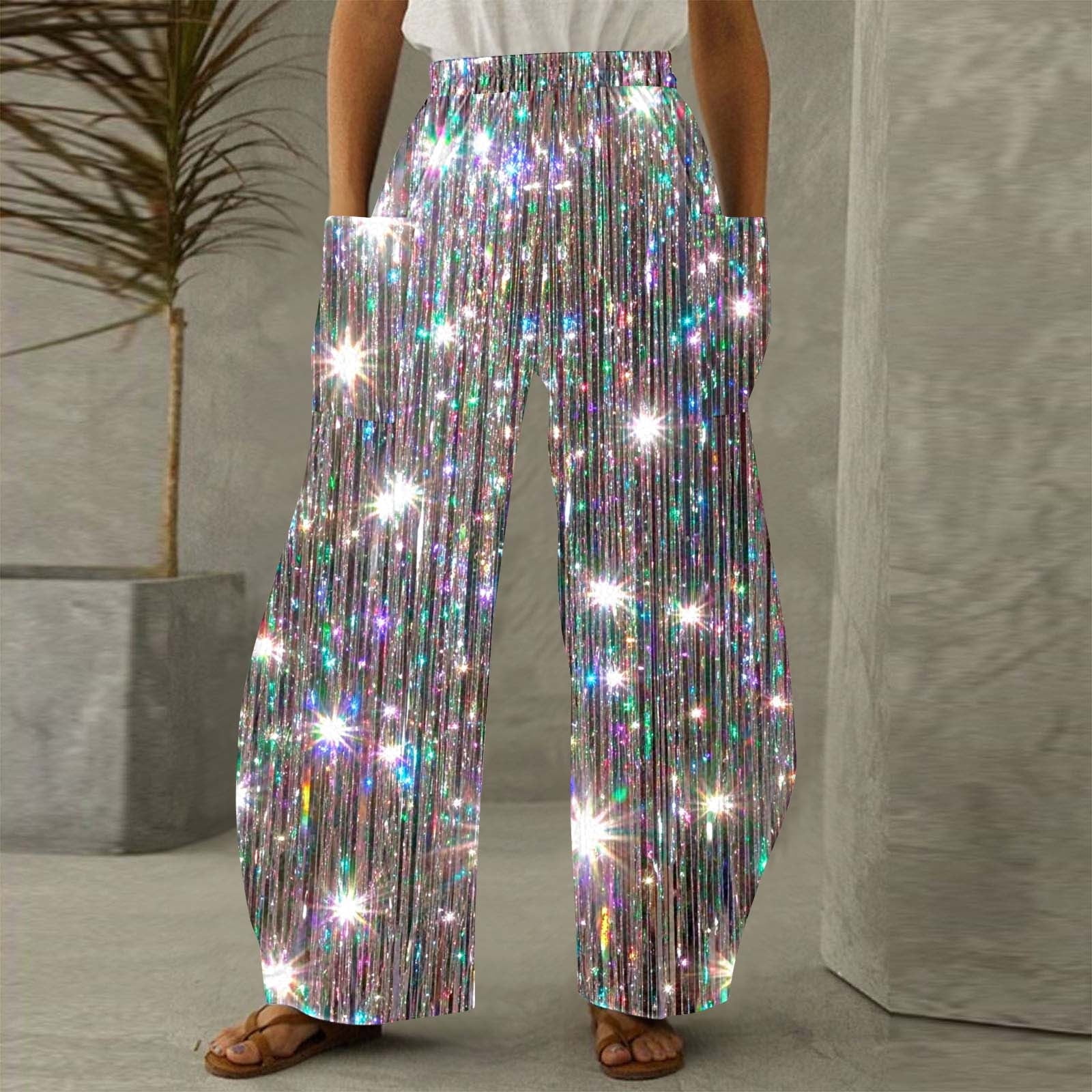 xjwjuw Womens Casual Sparkly Sequin Pants High Waisted Wide Leg Palazzo ...