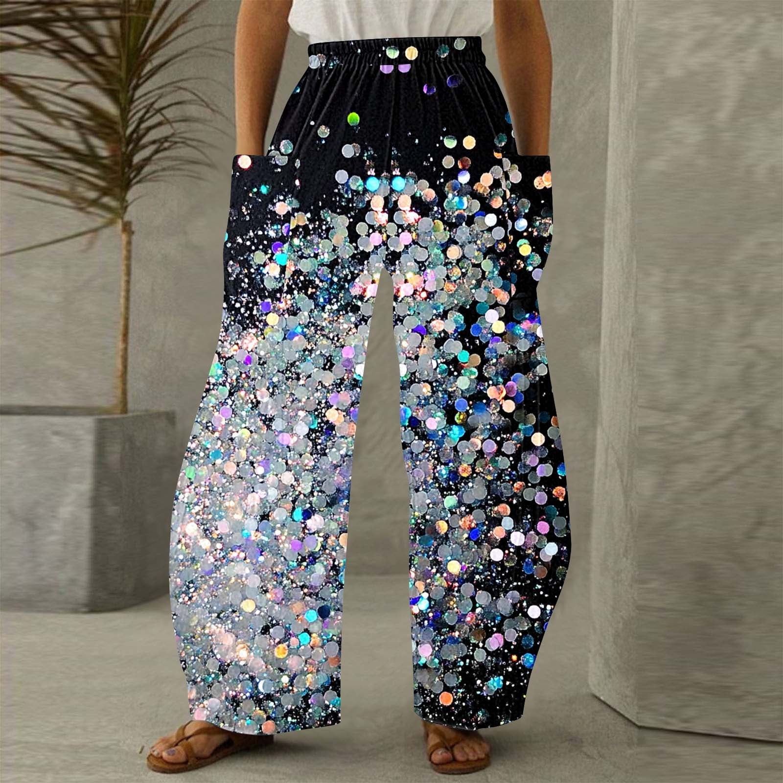 xjwjuw Womens Casual Sparkly Sequin Pants High Waisted Wide Leg Palazzo ...