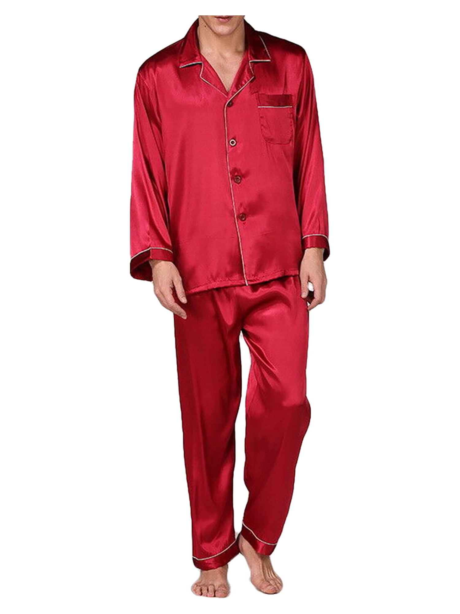 xkwyshop Men's Satin Pajamas Long Button-Down Pj Set Sleepwear Soft ...