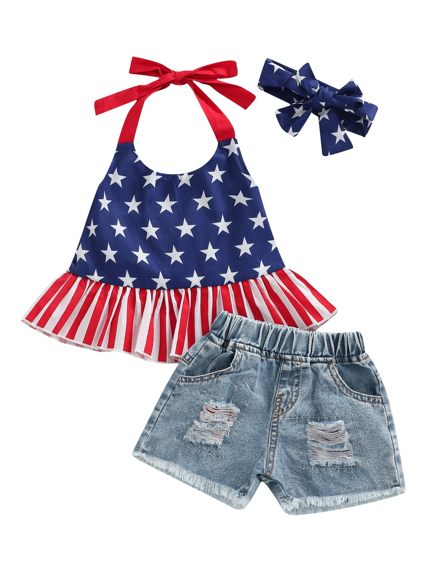 xkwyshop Toddler Baby Girls 4th of July Outfit American Flag Halter Top Ripped Jeans Denim ...