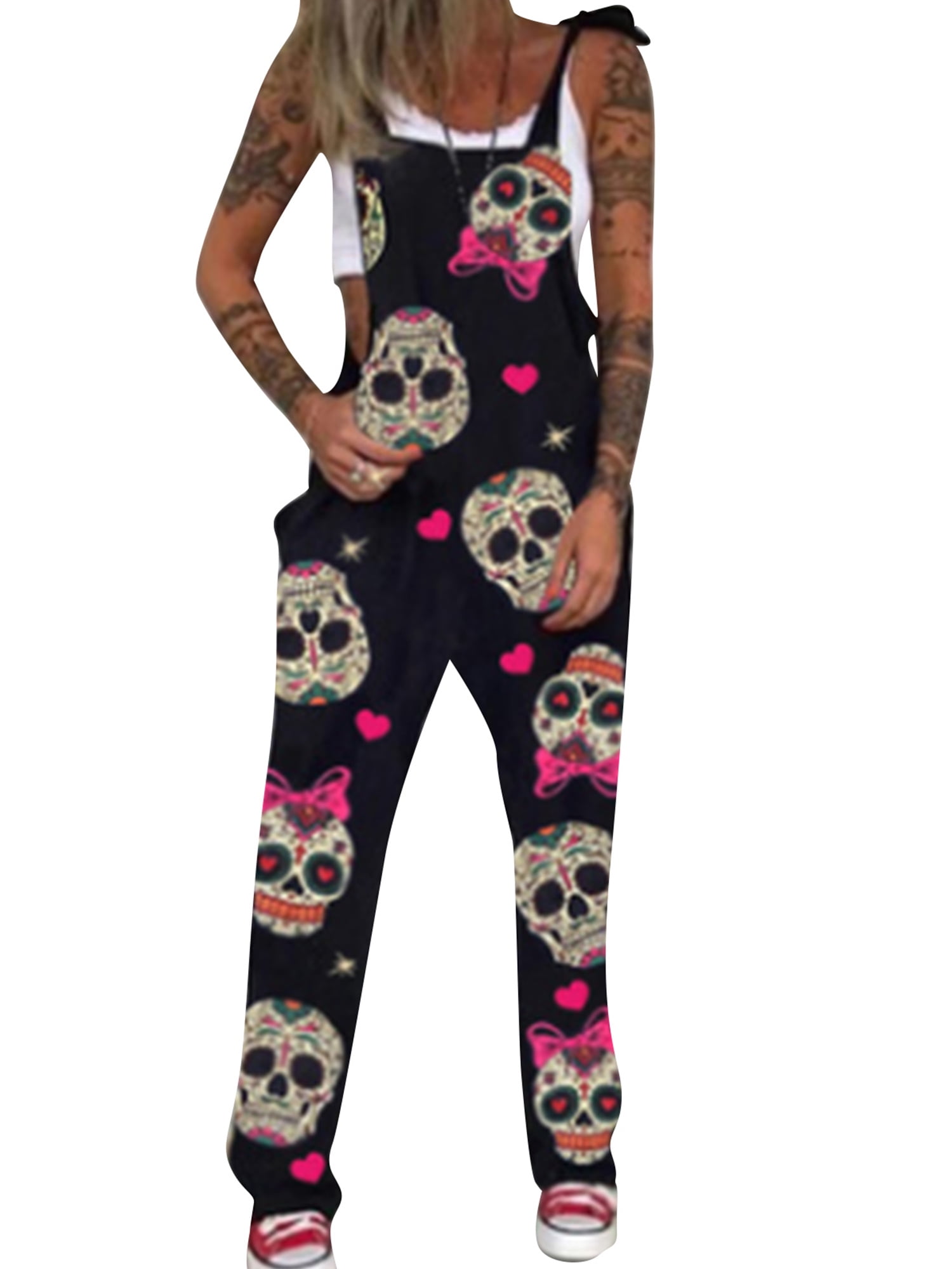 xkwyshop Women Halloween Skeleton Print Bib Overalls Overalls Skull ...