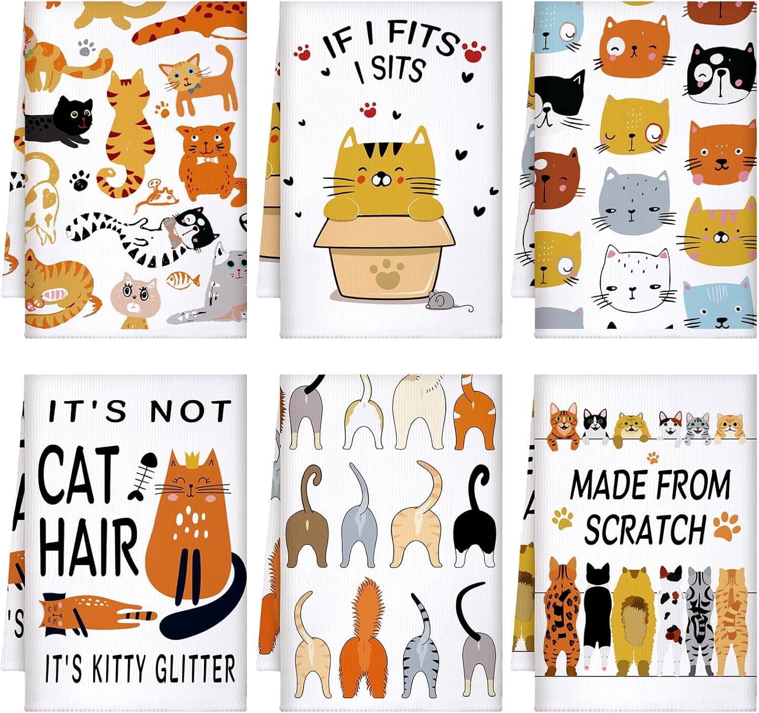 xotauu 6 Pcs Cat Kitchen Towels Set Funny Cat Tea Towels Cute Dish ...