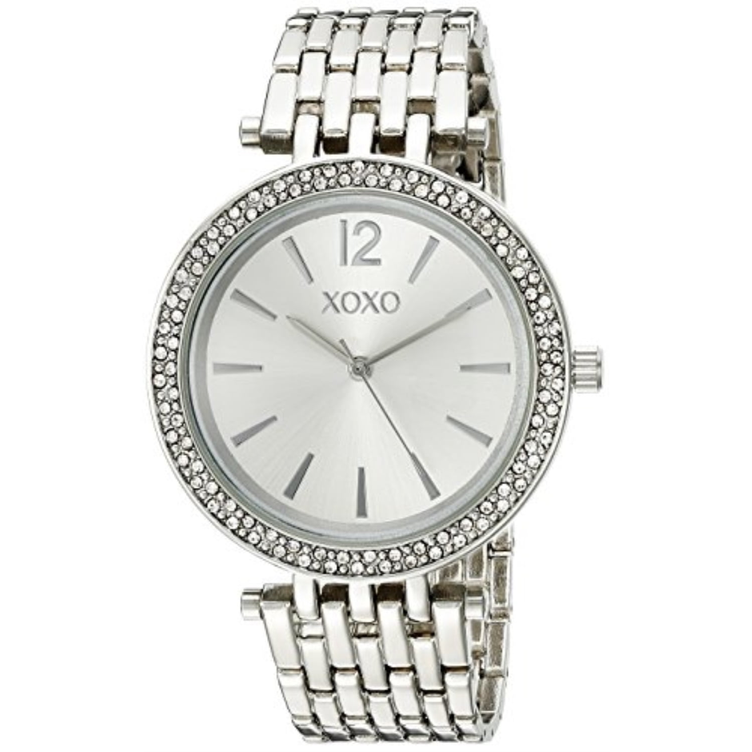 xoxo women's analog watch with silver-tone case, crystal-inset bezel, silver-tone sunray dial ...
