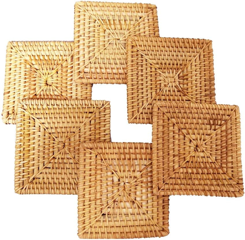 xrboomlife 6 Pack Woven Coasters Set for Drink 4 Inch Square Rattan Cup ...