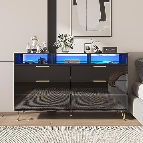 Xrboomlife Black Dresser For Bedroom With Led Lights 6 Drawer Dresser With Gold Legs High Gloss