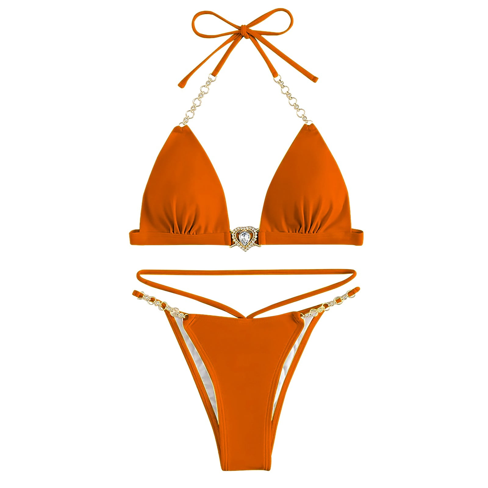 Xuapaodt Bikini Set Womens Solid Color Chain Removable Chest Pad Split
