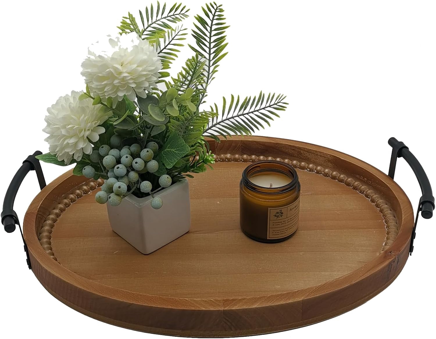 fhxbjoi Oval Rustic Wooden Decorative Tray Serving Tray with Metal ...