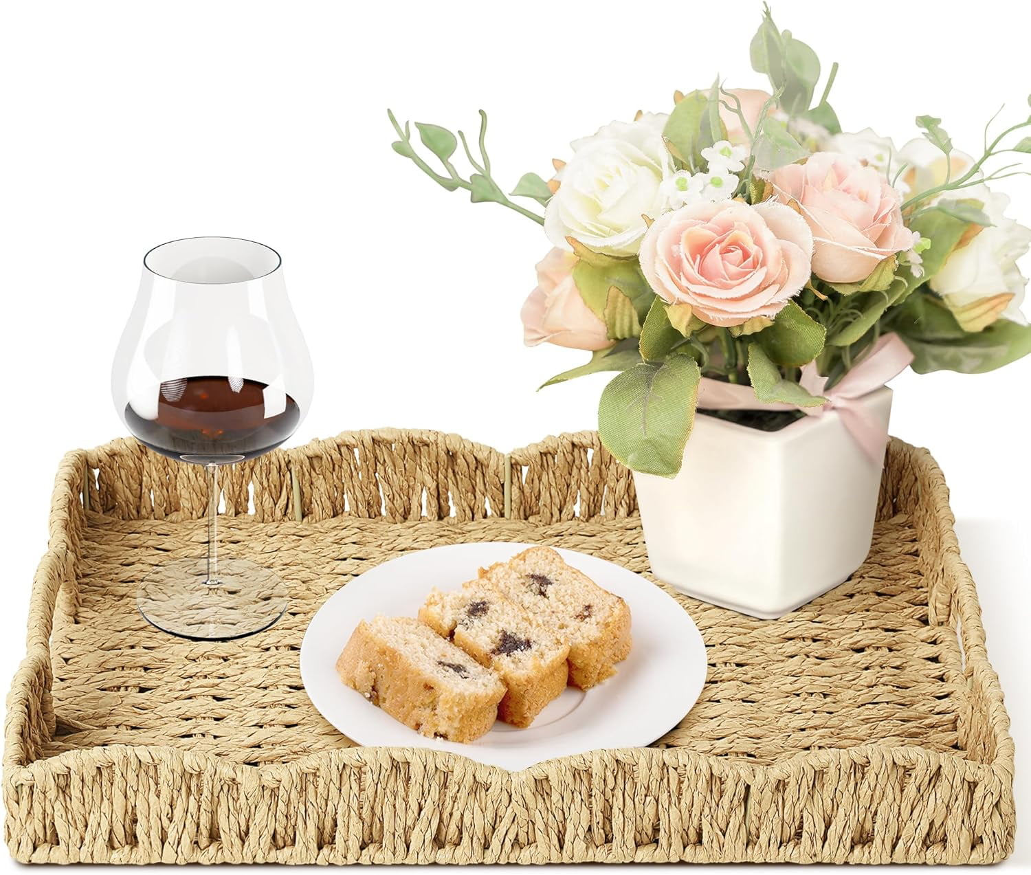 xuejumboom Scalloped Tray with Handles Hand Woven Scalloped Paper Rope Decorative Tray Square ...