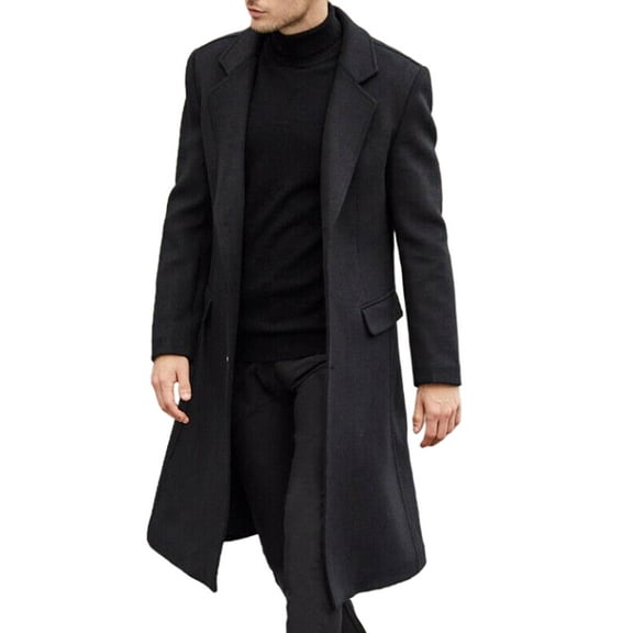 Mens Single Breasted Trench Coat Winter Pea Coat Slim Fit Notch Lapel ...