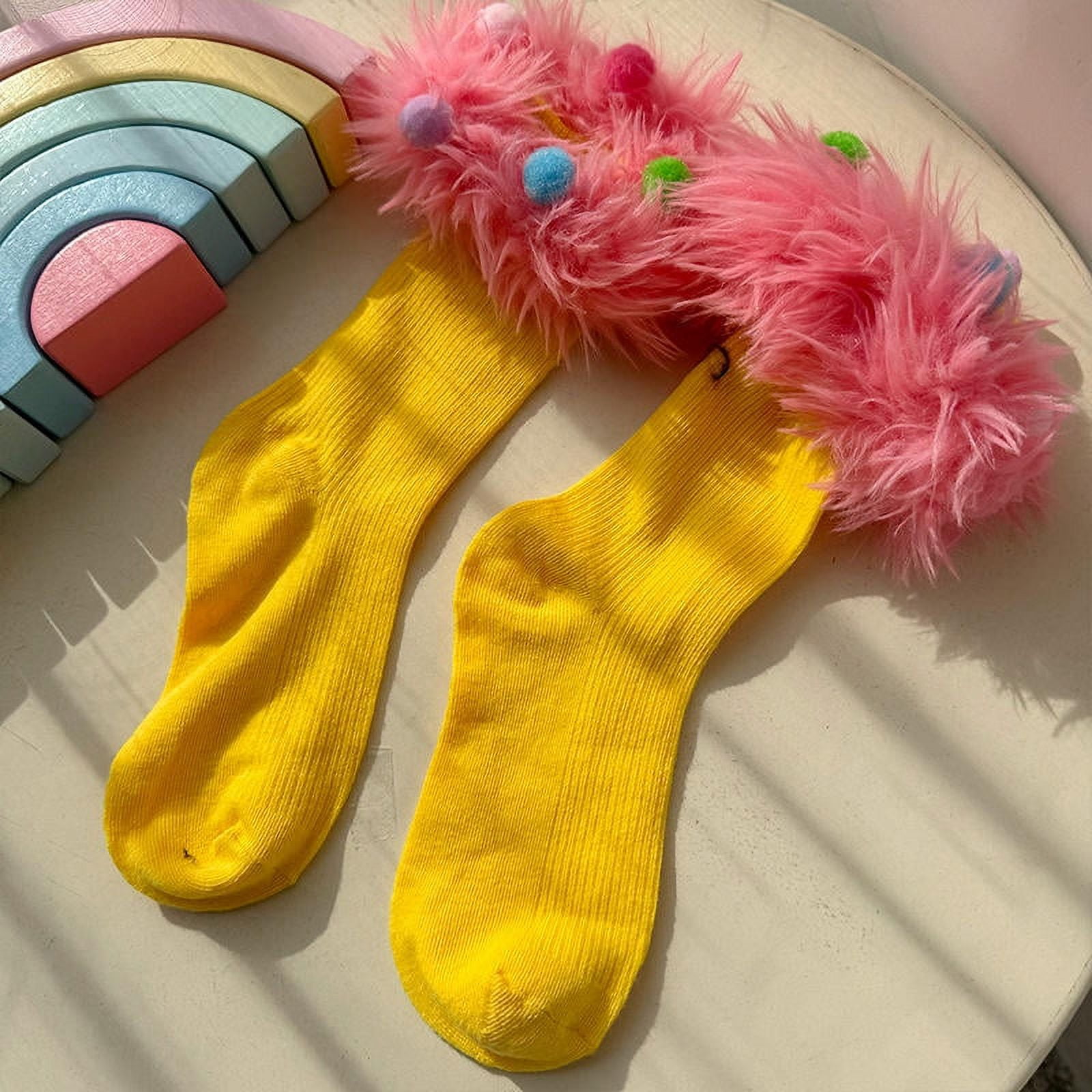 Y2k Girl Socks Candy Colored Plush Ball Middle Tube Sock Solid Fluffy Fur Floor Pile Sock Ins