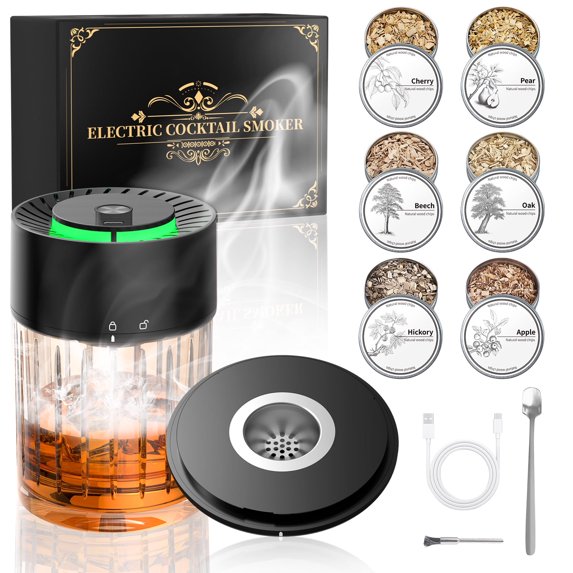 Electric Rechargeable Cocktail Whiskey Smoker Kit with 6 Wood Chips ...