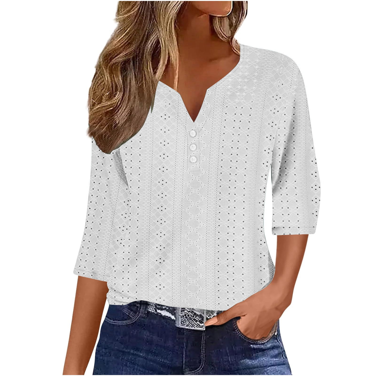 yardsong 3/4 Length Sleeve Womens Fall Eyelet Tops 2024 Trendy Dressy ...