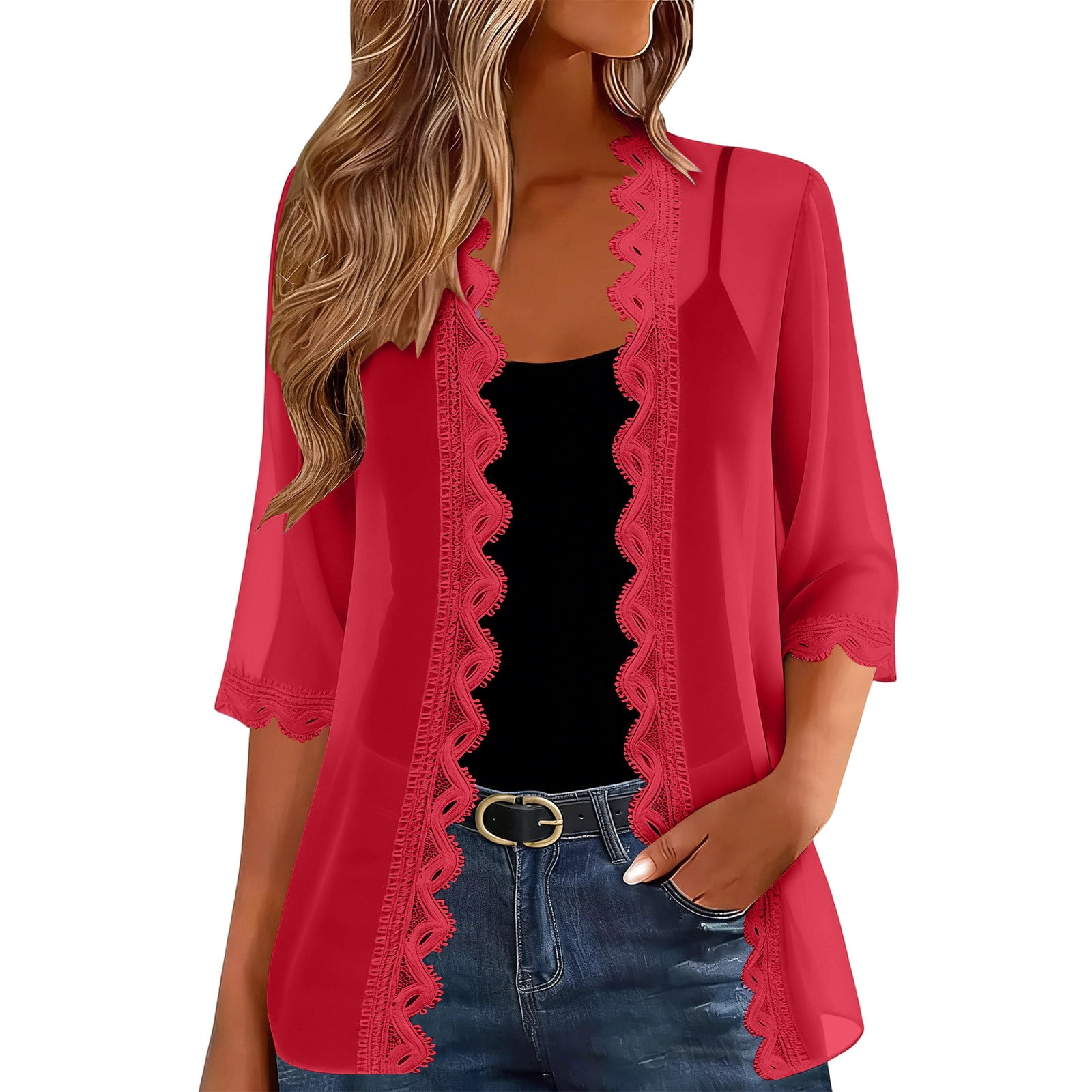 yardsong Lace Trim Chiffon Cardigan for Women Open Front Half Sleeve ...
