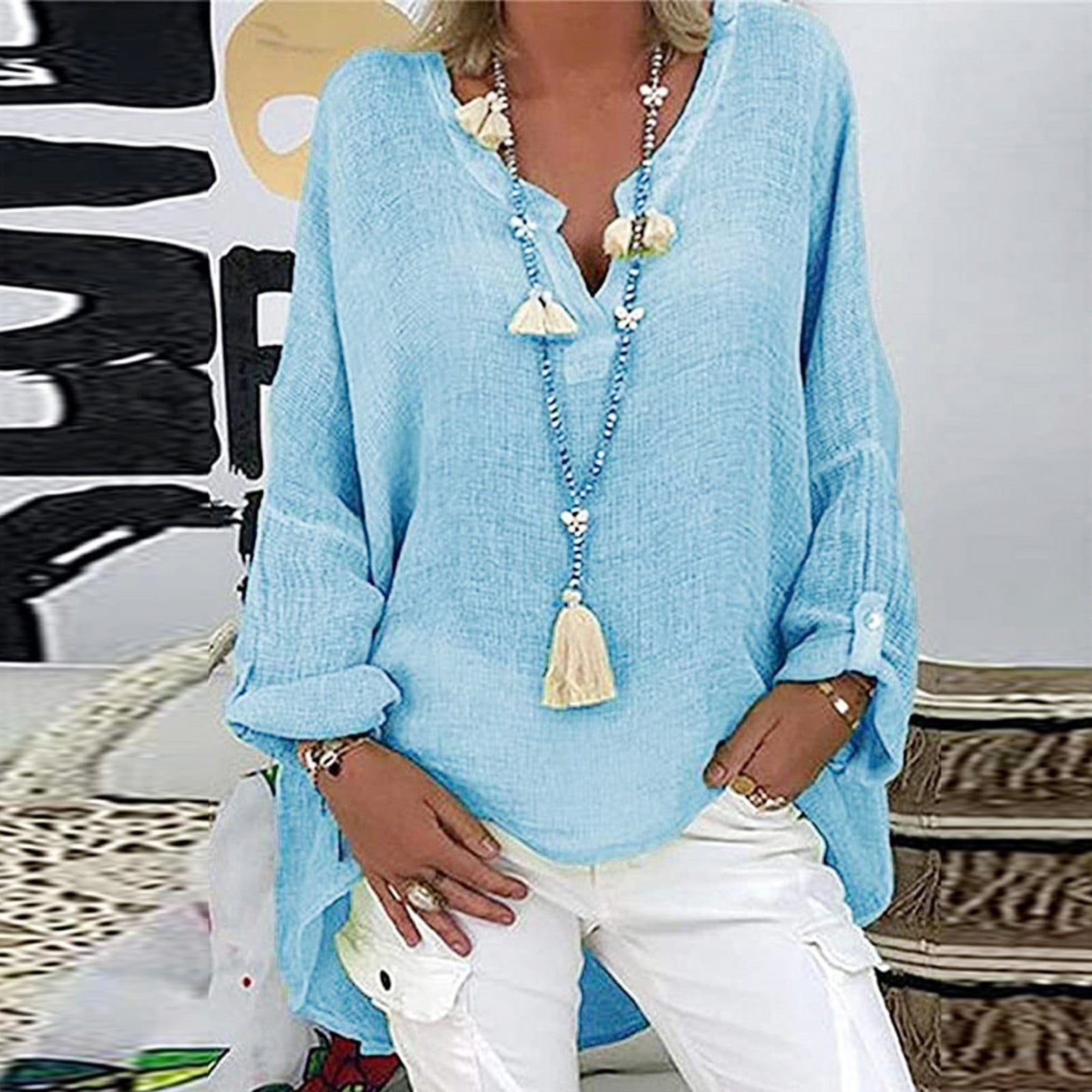 yardsong Plus Size Long Tunics for Women Fall Cotton linen Long Sleeve ...
