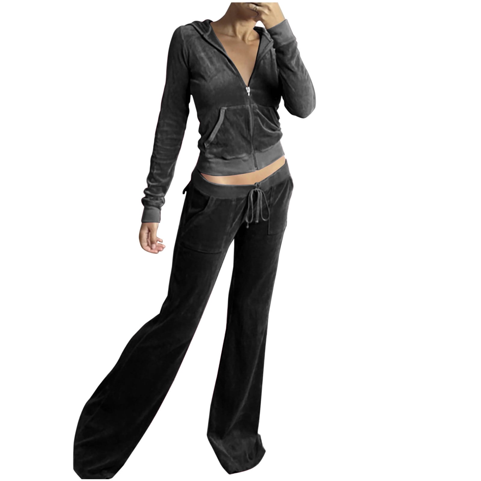 yardsong Velour Tracksuit Womens Long Sleeve Full Zip Cropped Hoodies ...