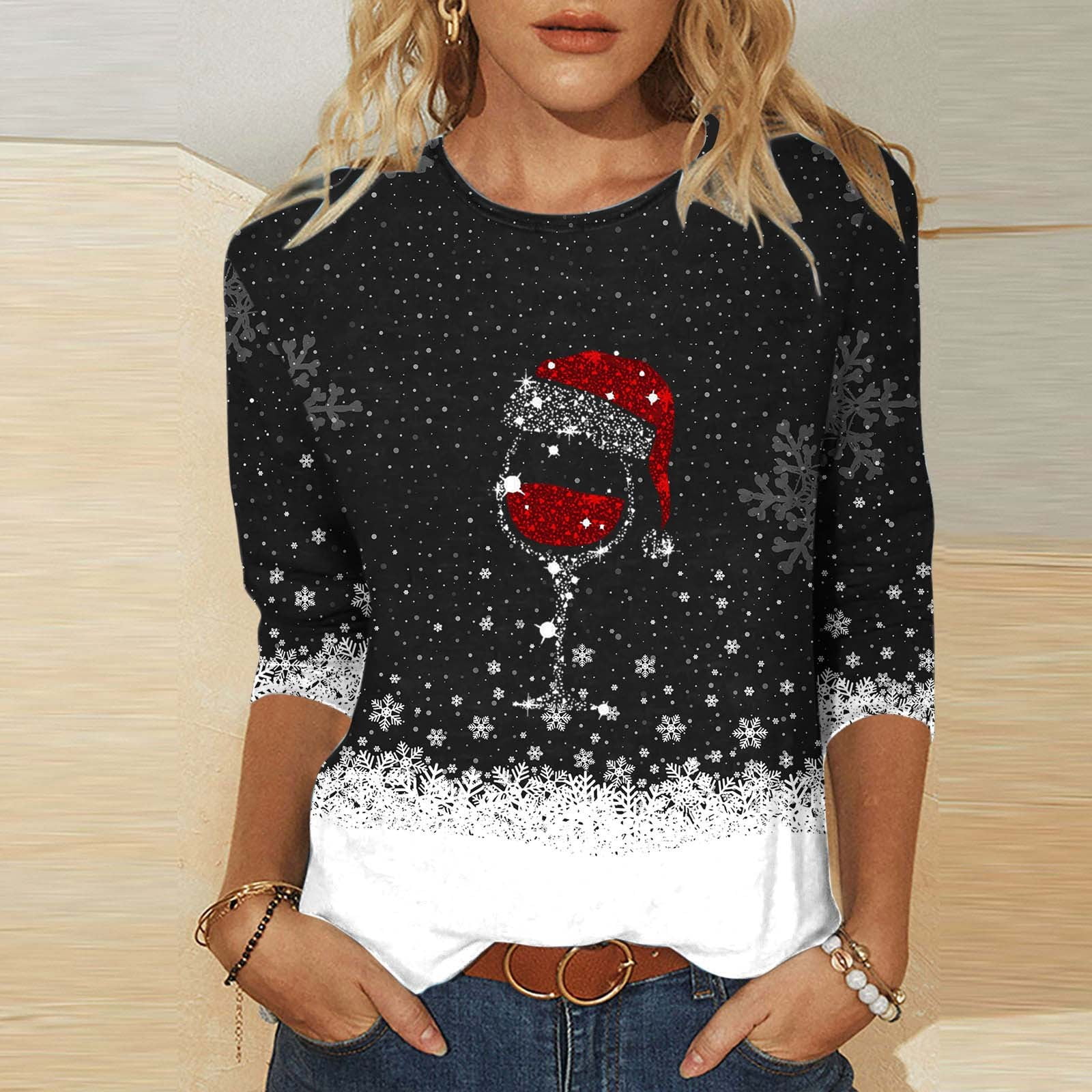 yardsong Women Christmas Shirt 3/4 Sleeve Christmas Tops Wine Red Glass ...