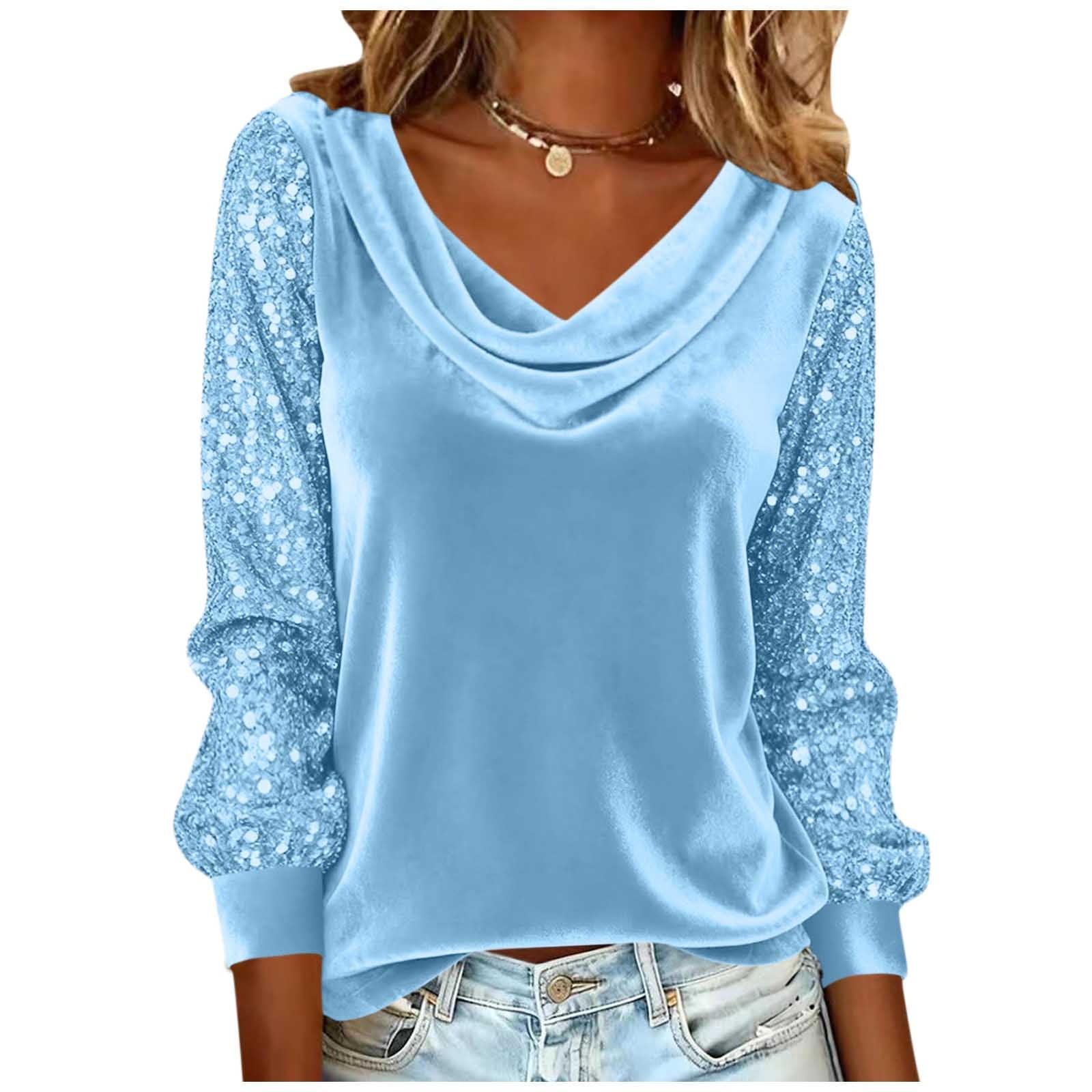 yardsong Women's Dressy Sparkly Velvet Blouses Elegant Cowl Neck ...