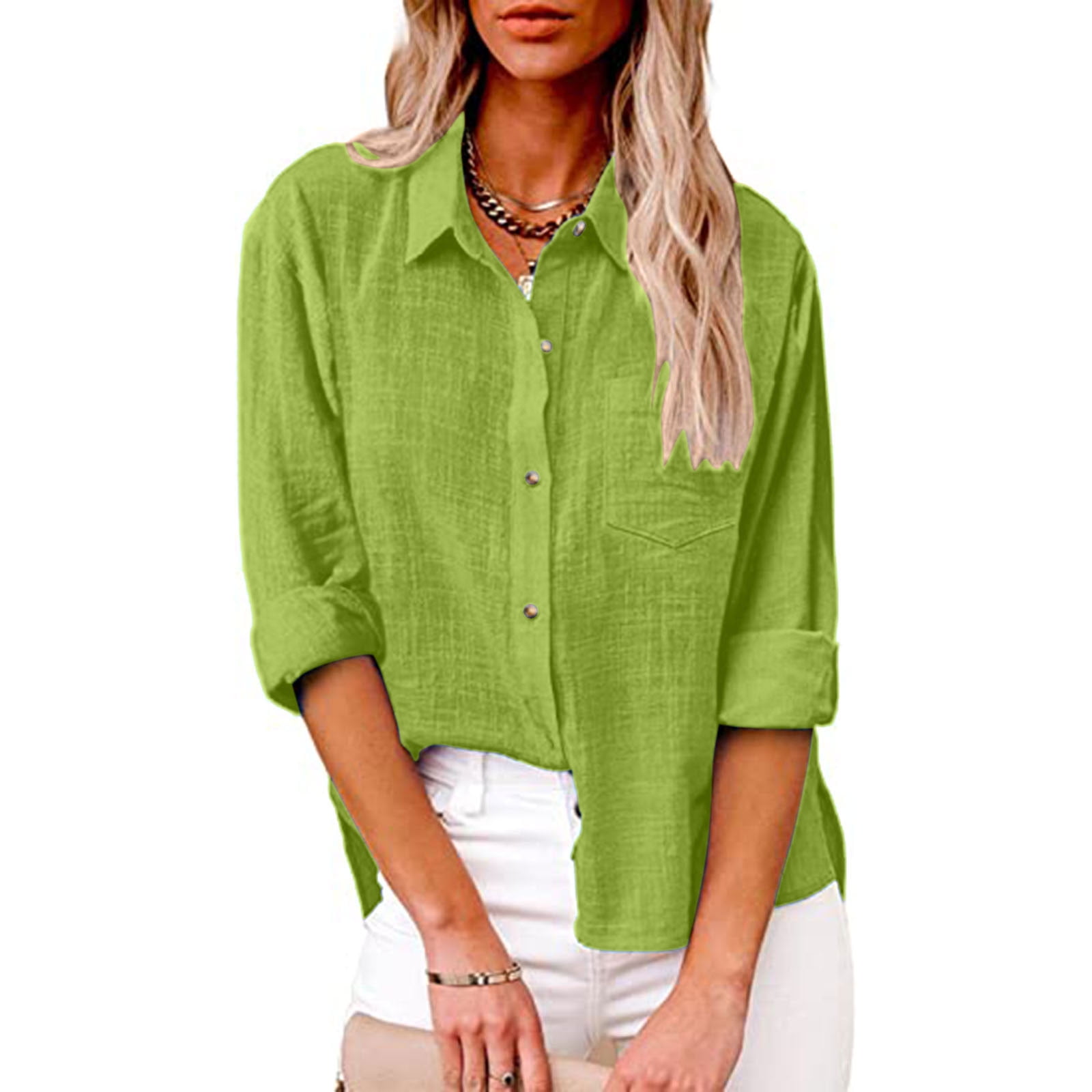 yardsong Womens Cotton Linen Button Down Shirt 2024 Fall Plus Size Casual Long Sleeve Solid ...