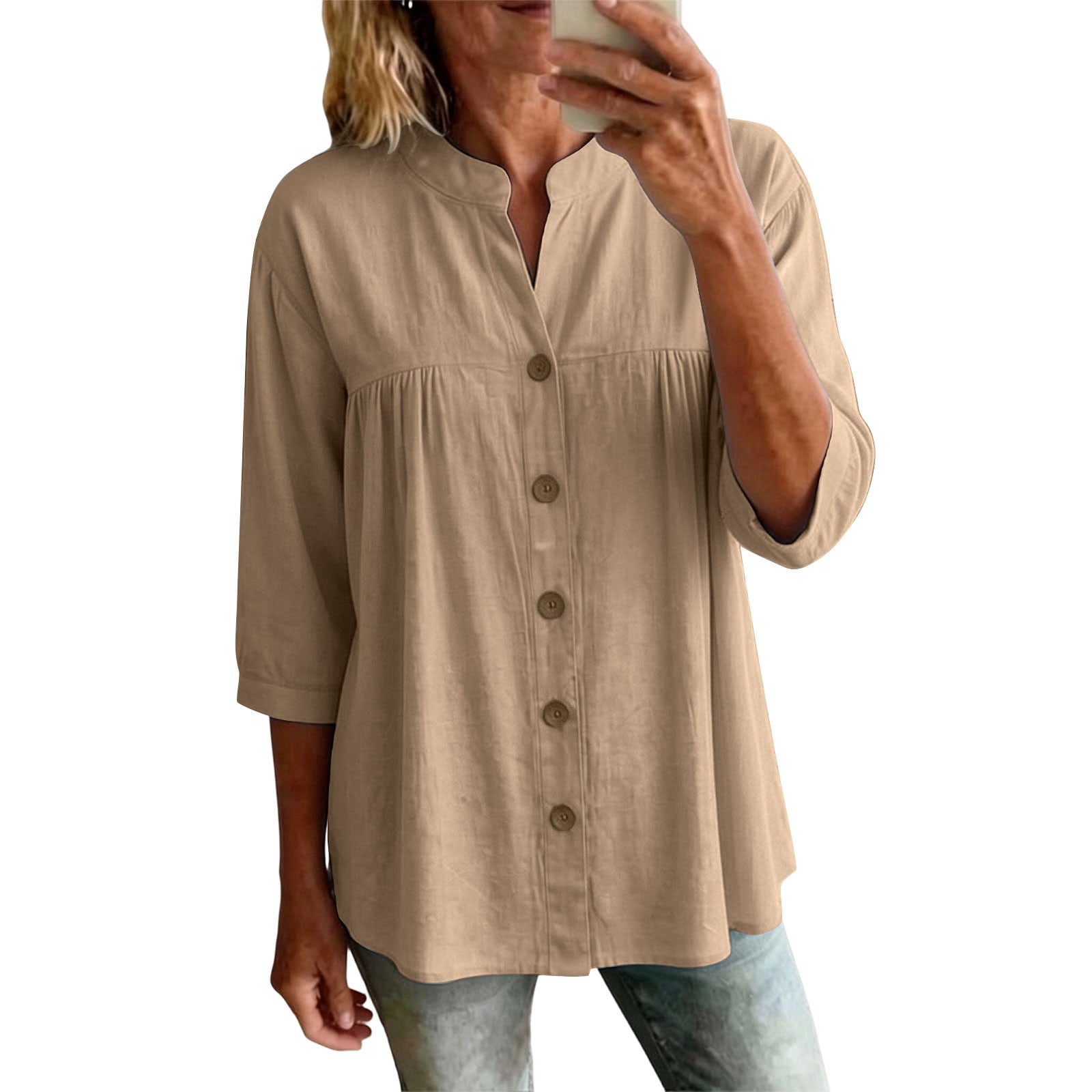 yardsong Womens Empire Waist Linen Shirt Summer 3/4 Half Sleeve V Neck ...