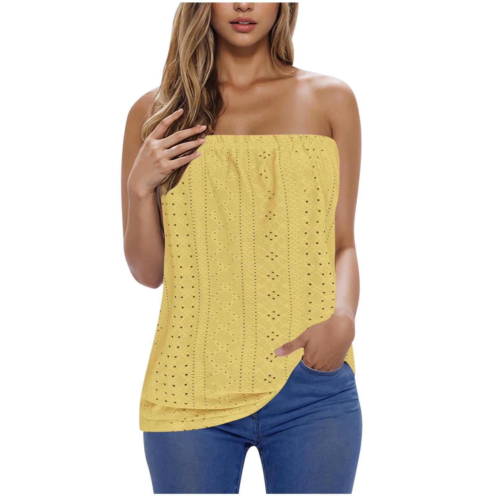 yardsong Womens Summer Tube Tops Casual Strapless Eyelet Bandeau Tanks ...
