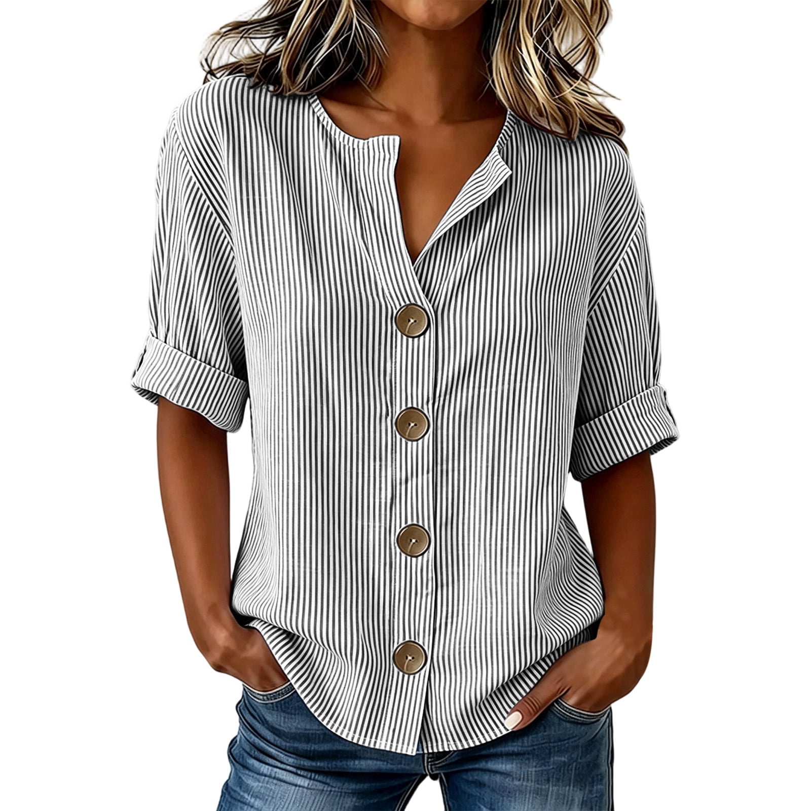 yeiolnoer Tops for Women V Neck Button Down Shirts Striped Rolled Up ...