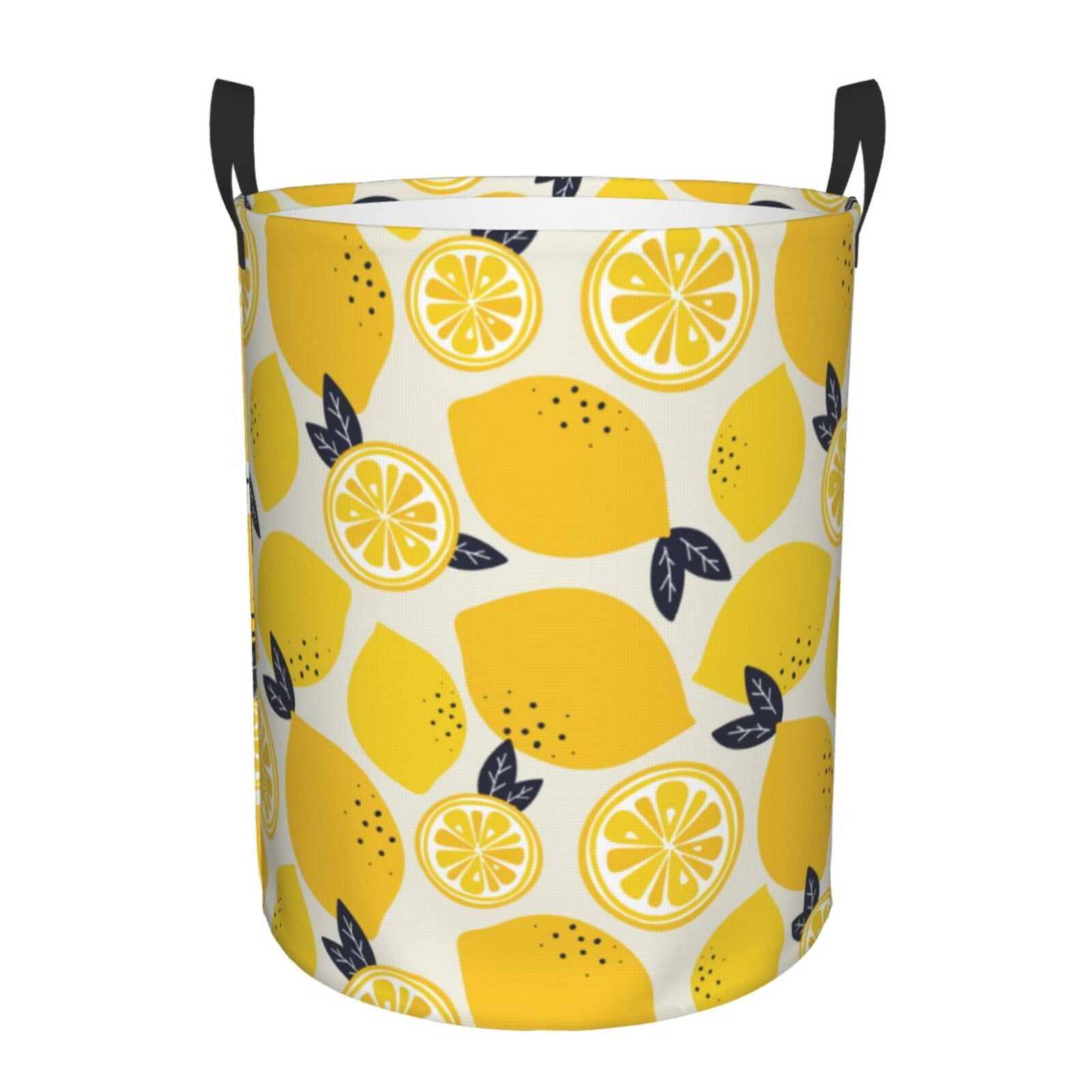 yellow Lemon pattern Round Laundry Basket, Laundry Hamper with Handle ...