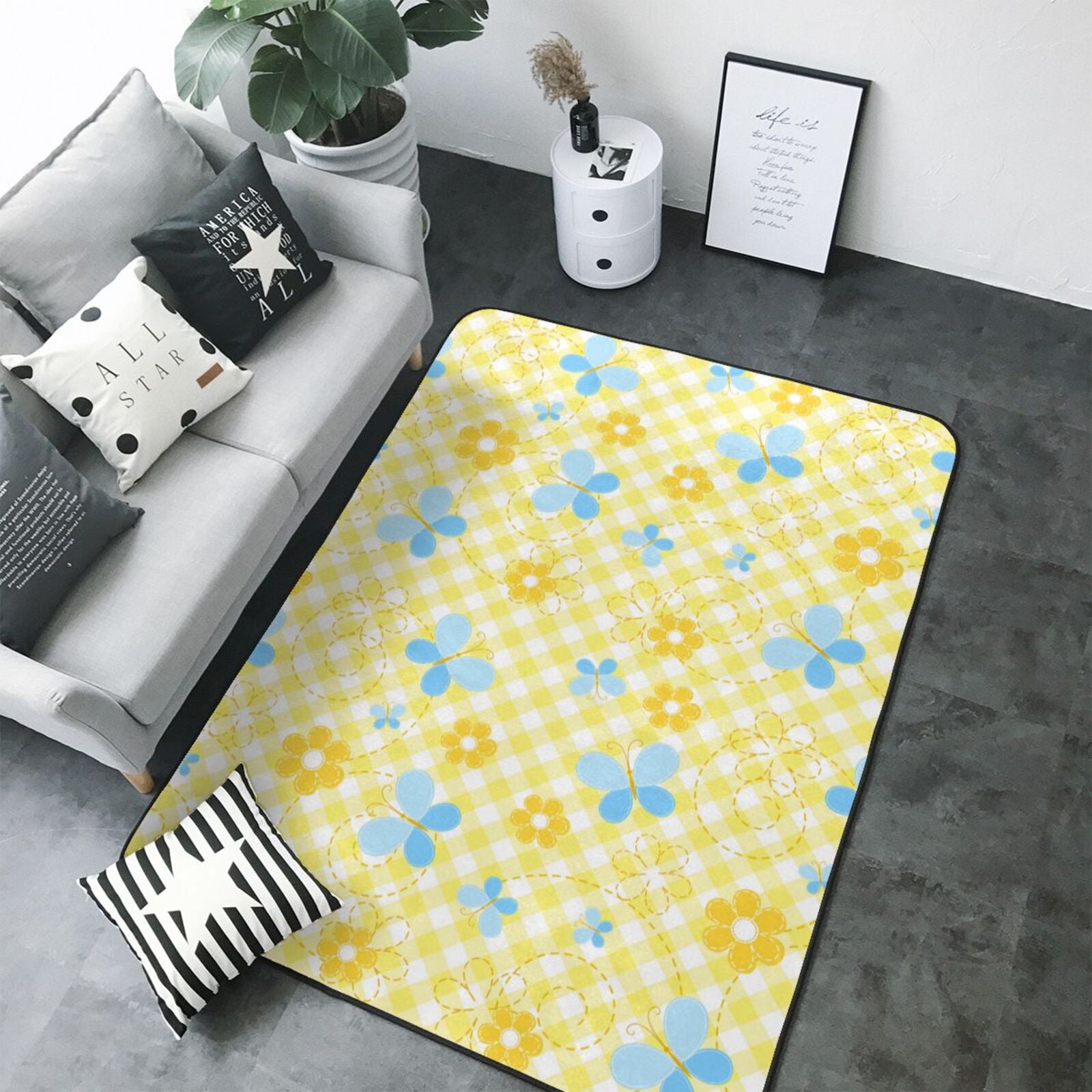 yellow checkered butterfly flower Area Rugs for Living Room Bedroom ...